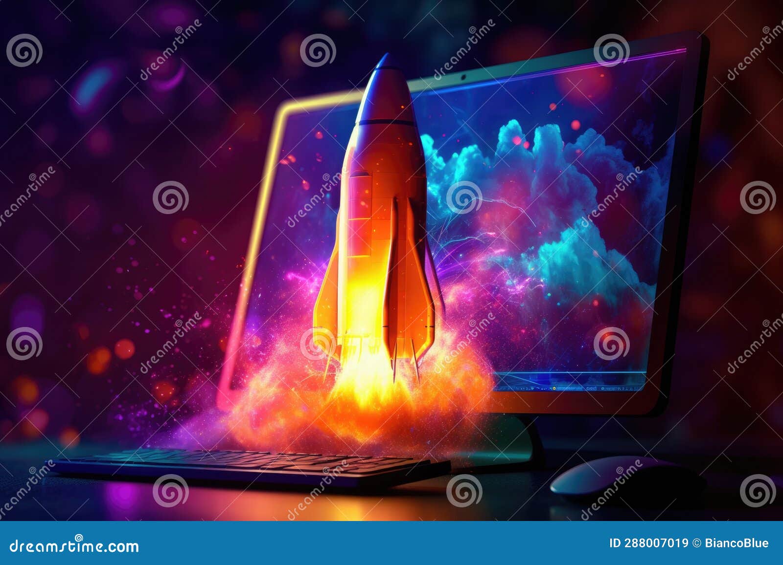 Rocket Coming Out of Desktop Computer Screen , Neon Light. Generative ...