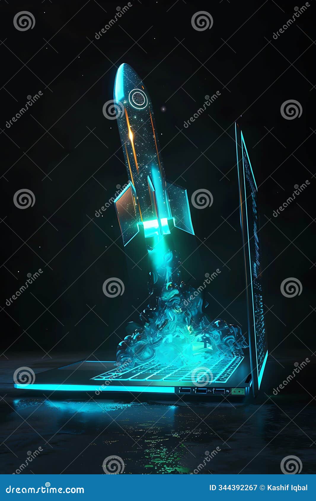 Rocket Coming Out Of Laptop Screen, Rocket Spaceship, Blue Background ...