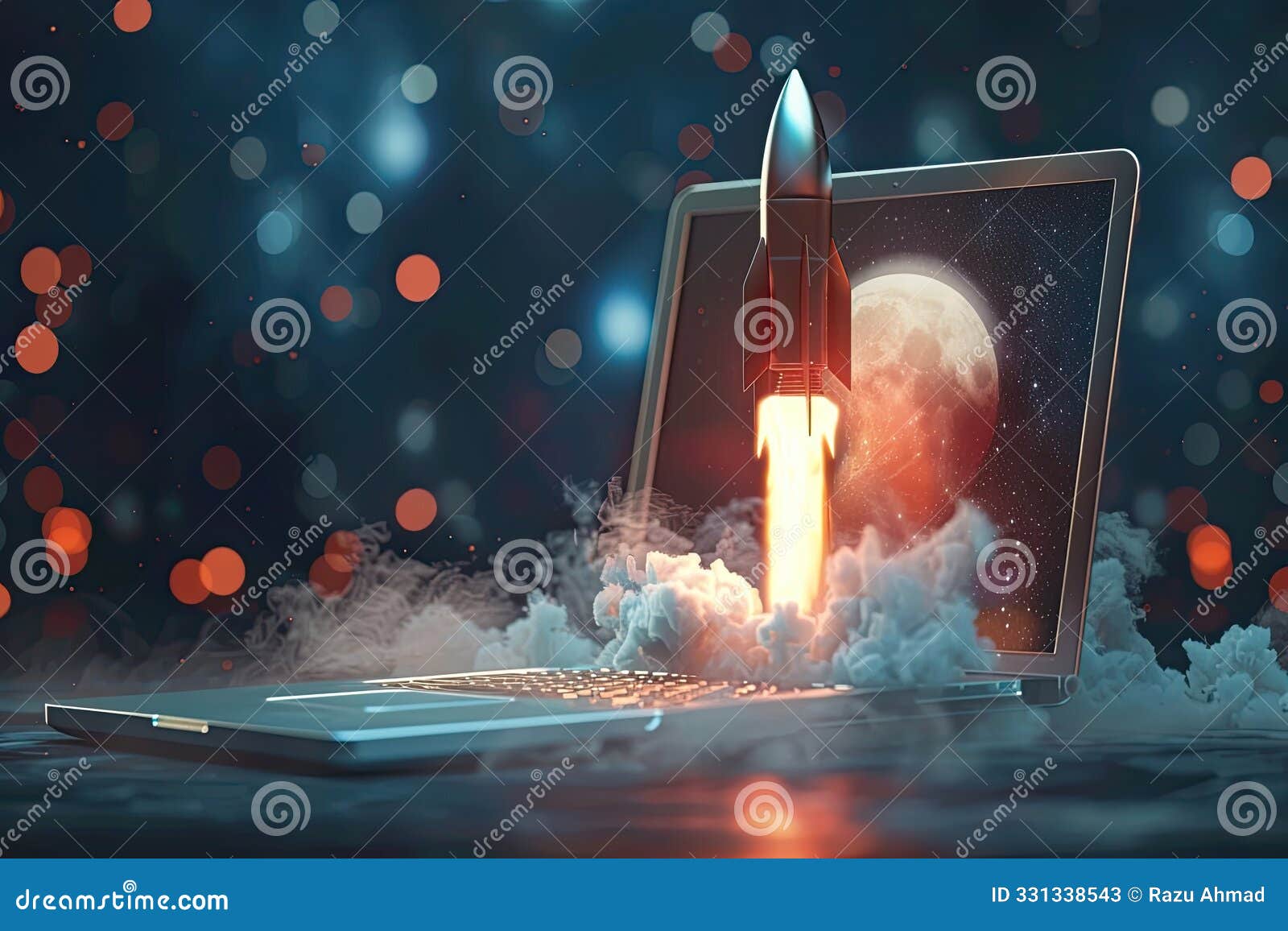 Rocket Coming Out of a Laptop Screen. 3D Render Blur Bokeh Dark ...