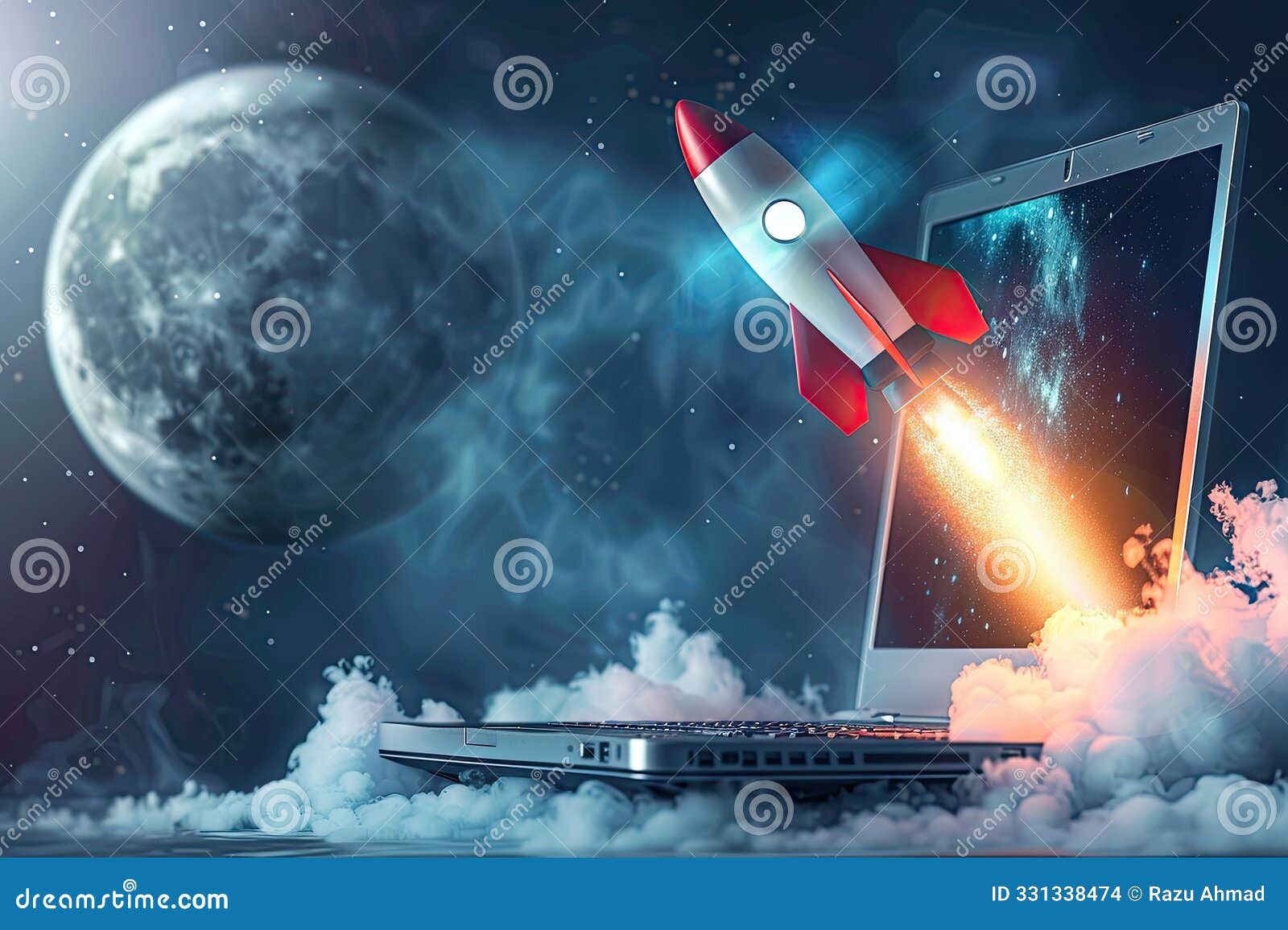Rocket Coming Out Of Laptop Screen, Rocket Spaceship, Blue Background ...