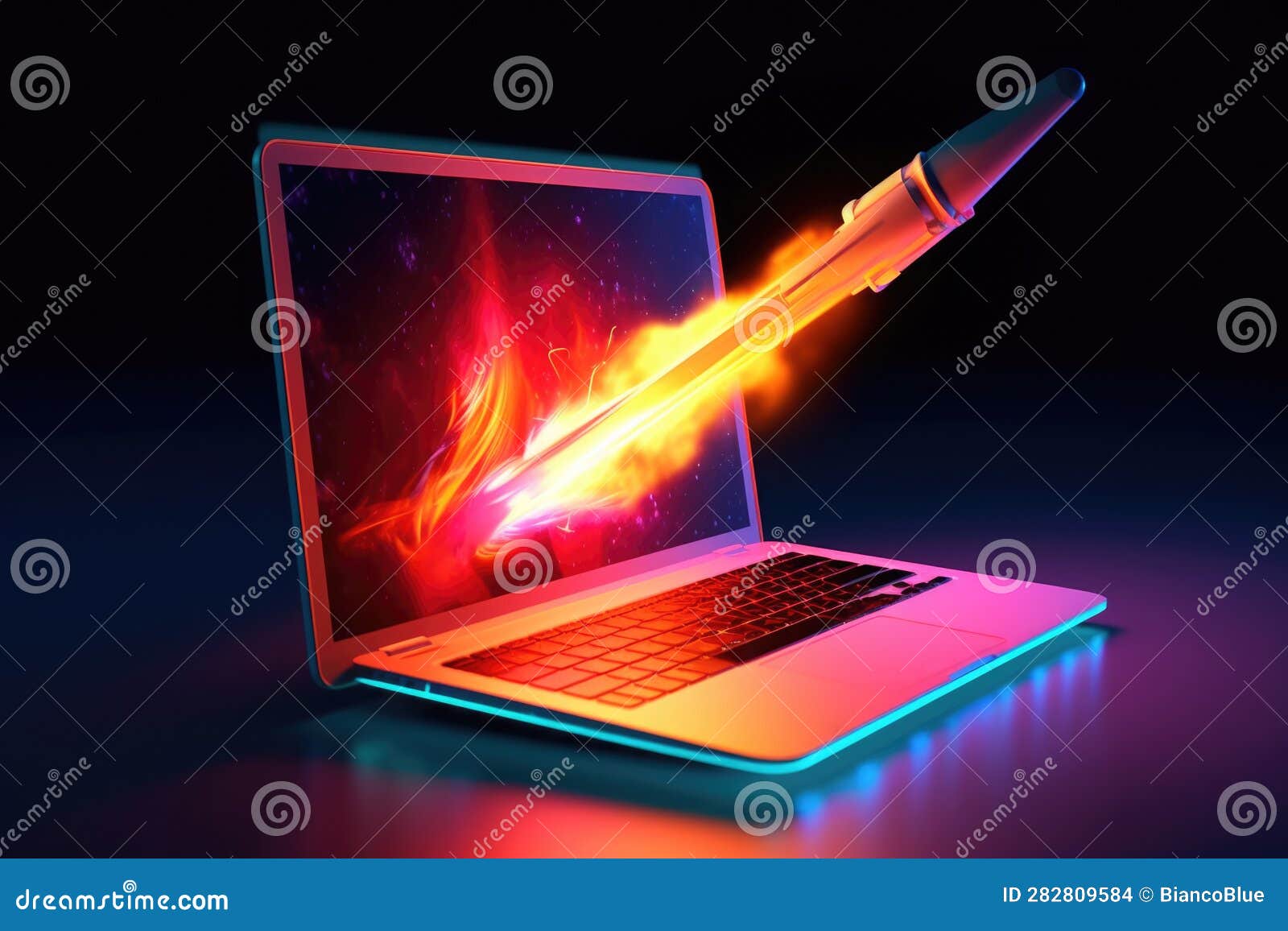 Rocket Coming Out of Laptop Screen Neon Light. Generative Ai AIG32 ...