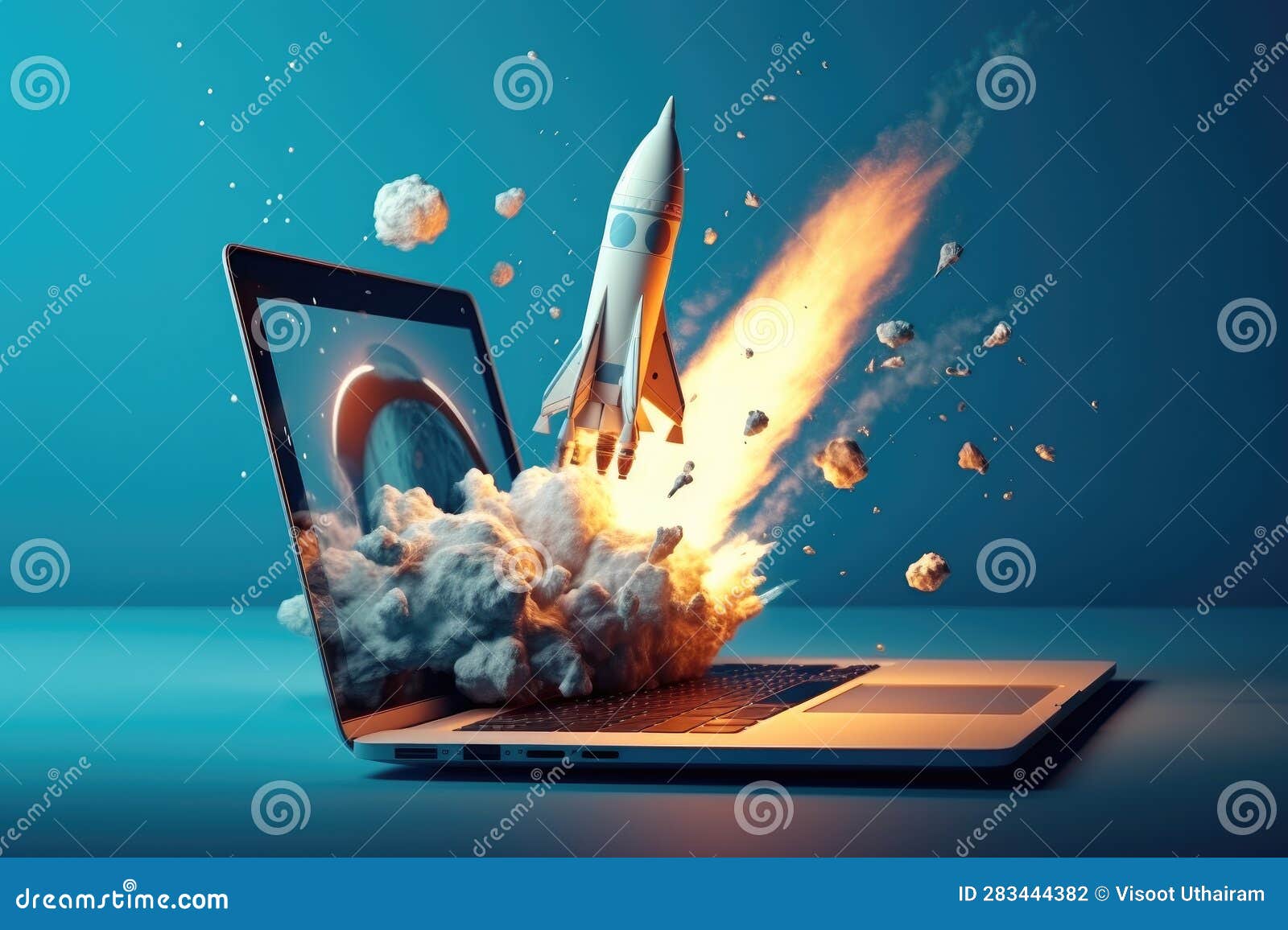Rocket Coming Out Of Laptop Screen, Rocket Spaceship, Blue Background ...
