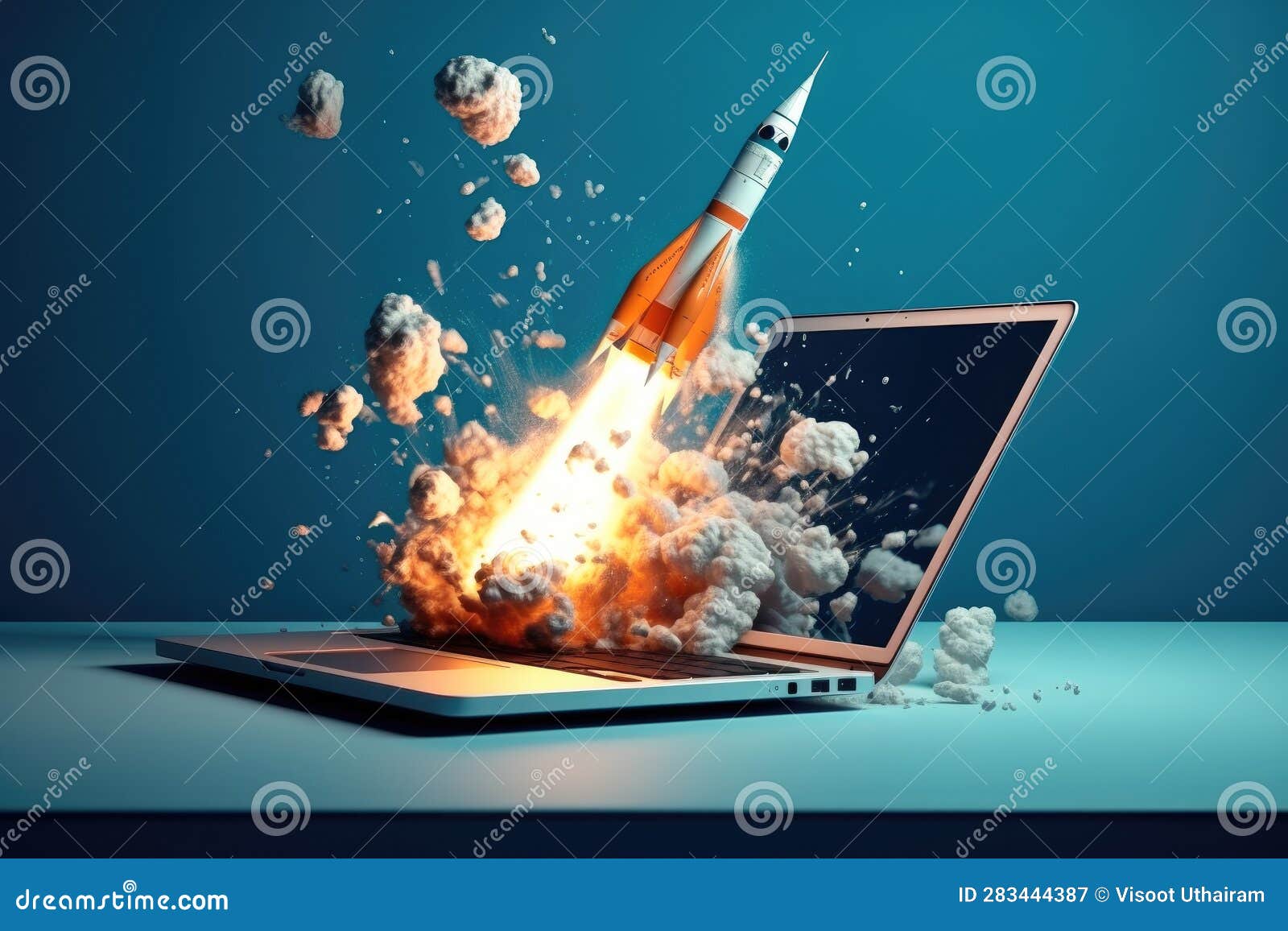 Rocket Coming Out of Laptop Screen, Rocket Spaceship, Blue Background ...