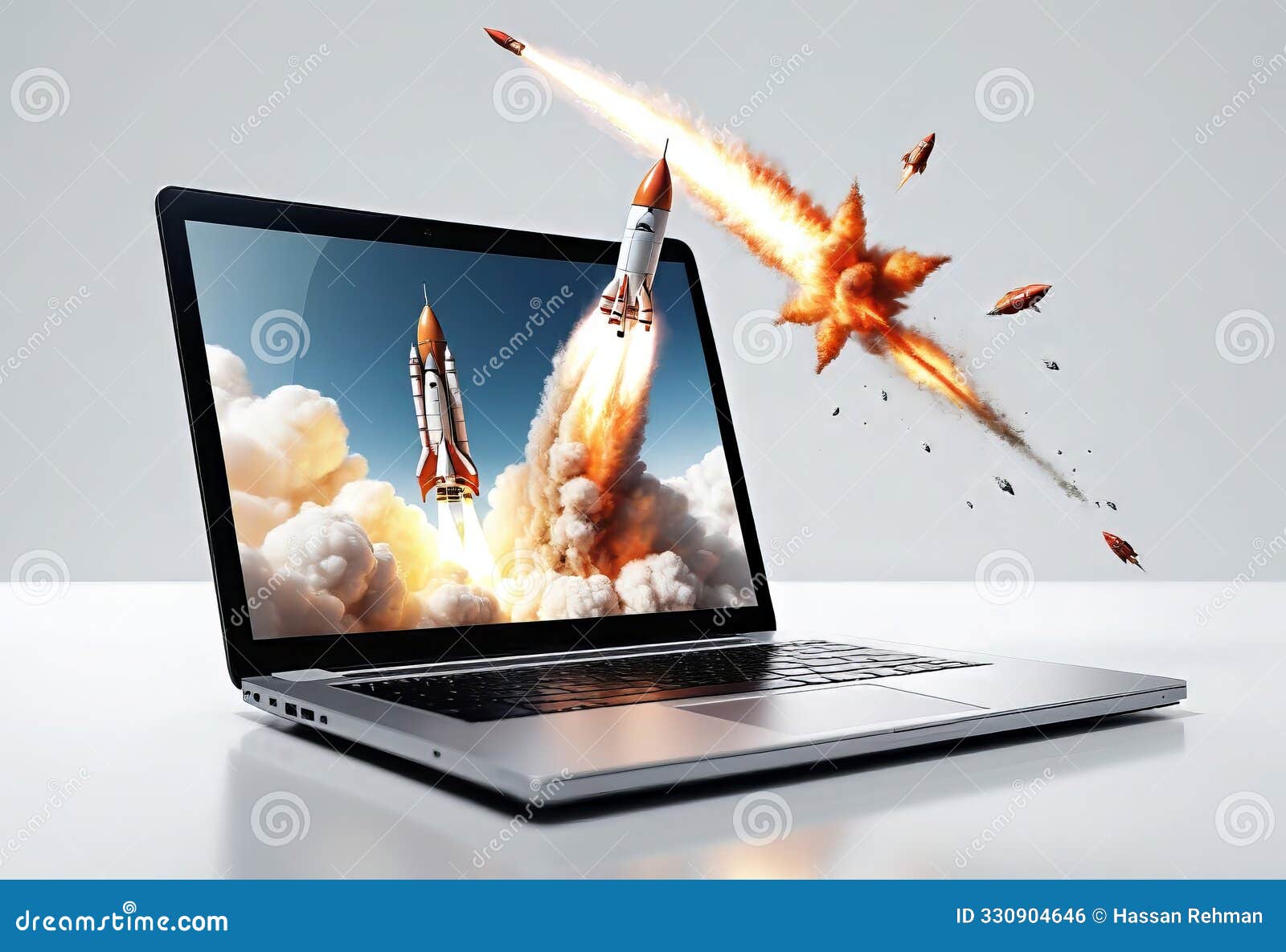 Rocket Coming Out Of Laptop Screen, Rocket Spaceship, Blue Background ...
