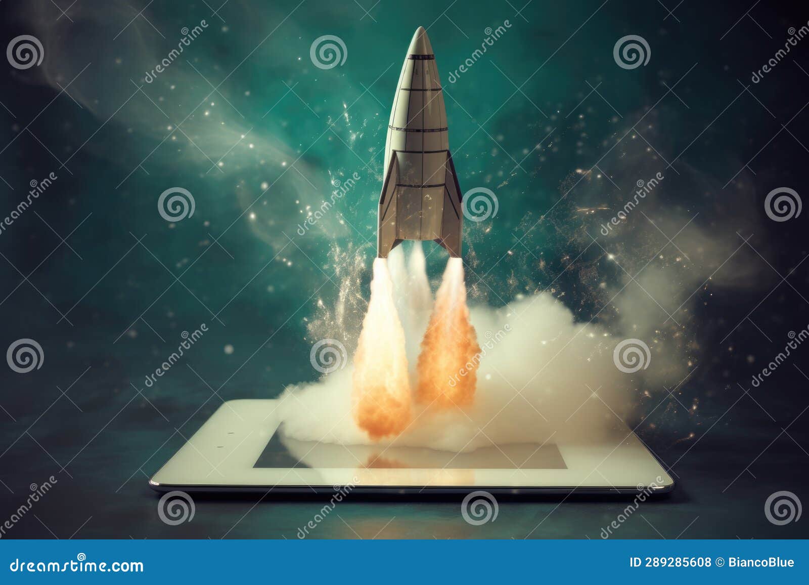 Rocket Coming Out of Tablet Screen. Generative Ai AIG32 Stock Photo ...