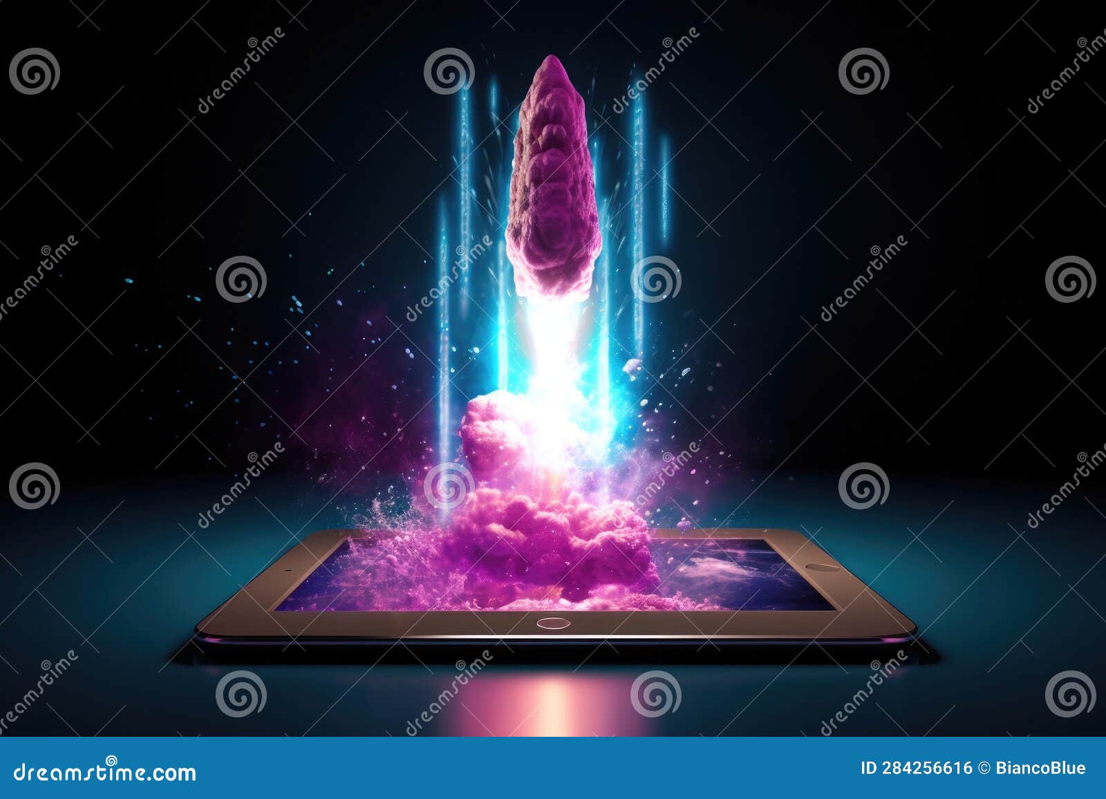 Rocket Coming Out of Tablet Screen , Neon Light. Generative Ai AIG32 ...