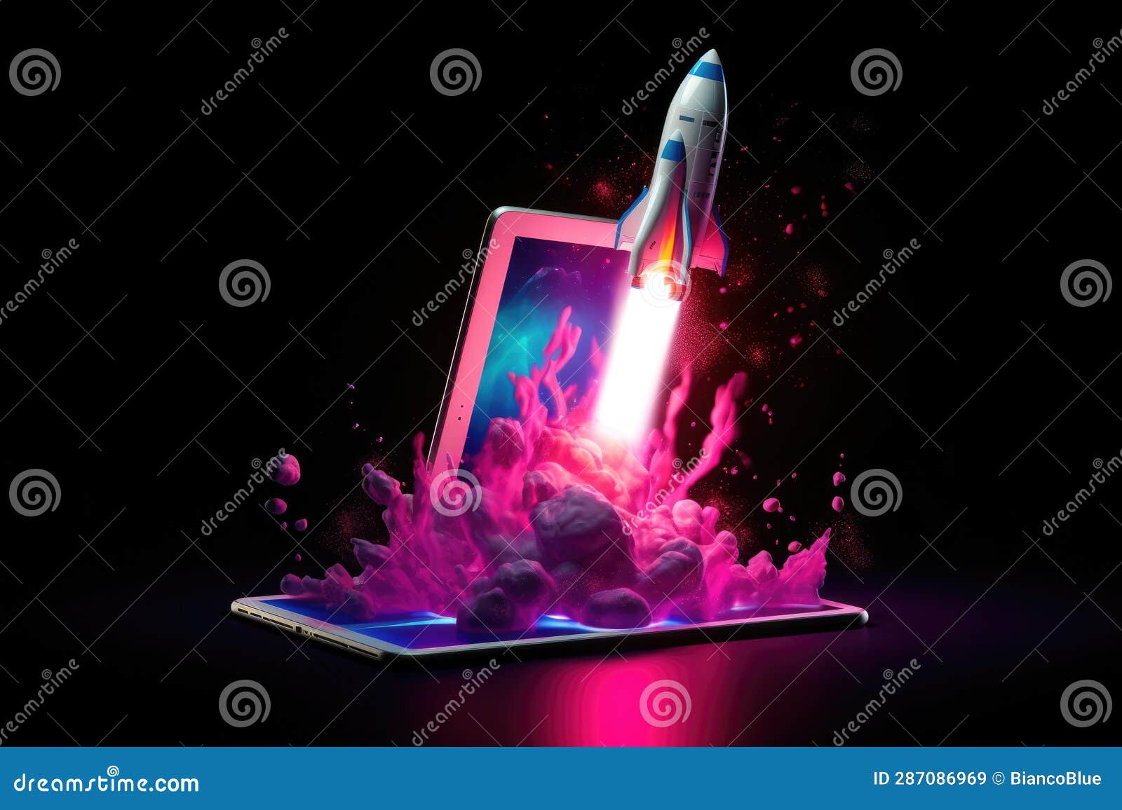 Rocket Coming Out of Tablet Screen , Neon Light. Generative Ai AIG32 ...