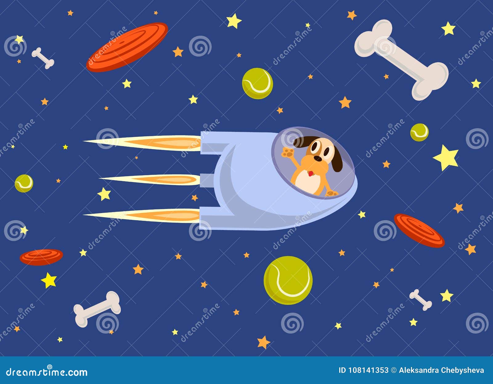 Rocket and Dog Fly into Space, Flat Style. Stock Vector - Illustration ...