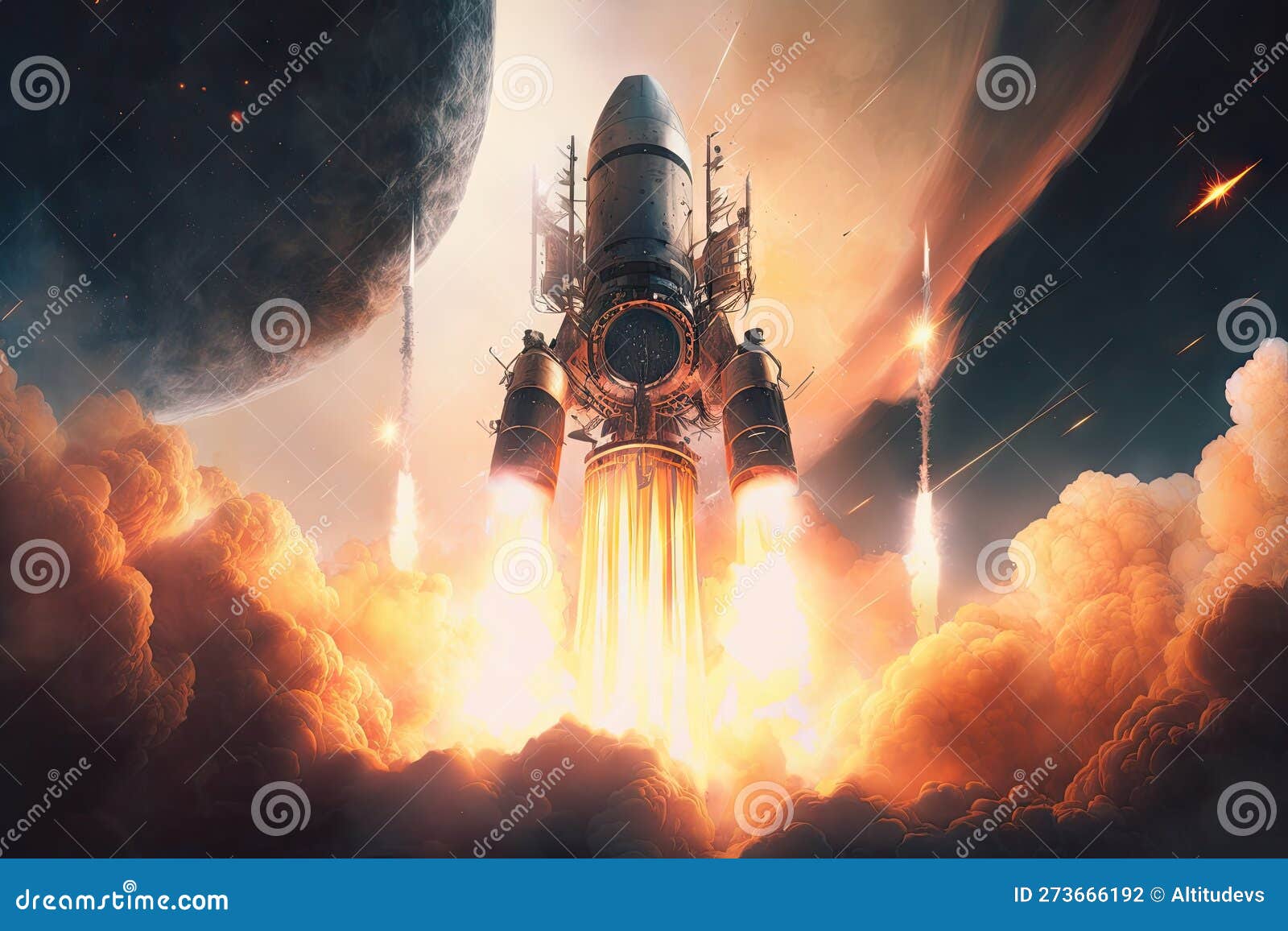 Rocket Engines Burning Bright, with Smoke Billowing into the Sky Stock ...