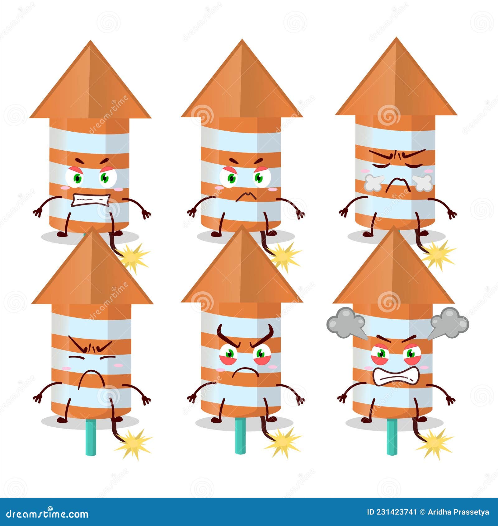 Rocket Firework Orange Cartoon Character with Various Angry Expressions ...