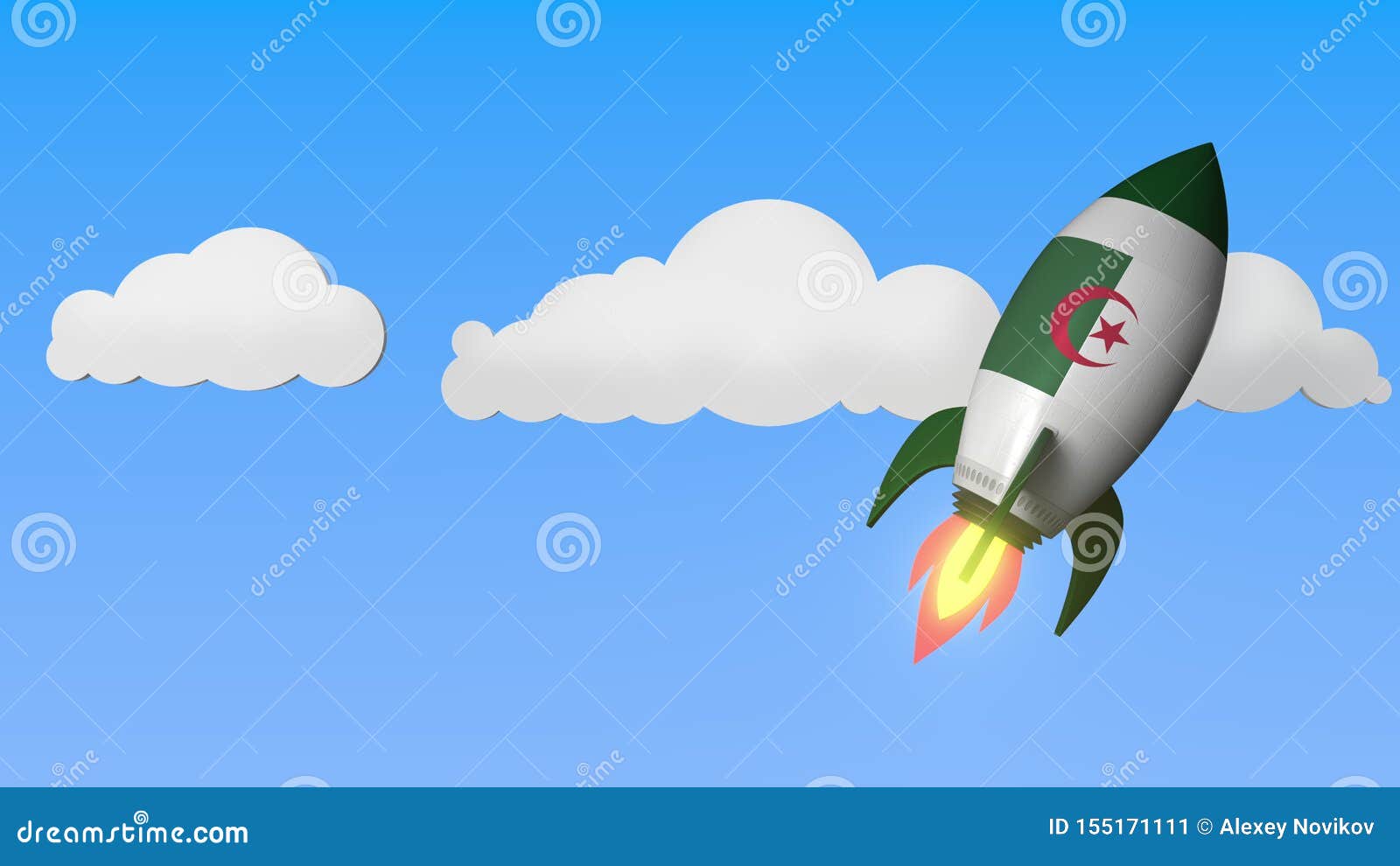 Flag of Algeria on Rocket Flying High in the Sky. Algerian Success or ...