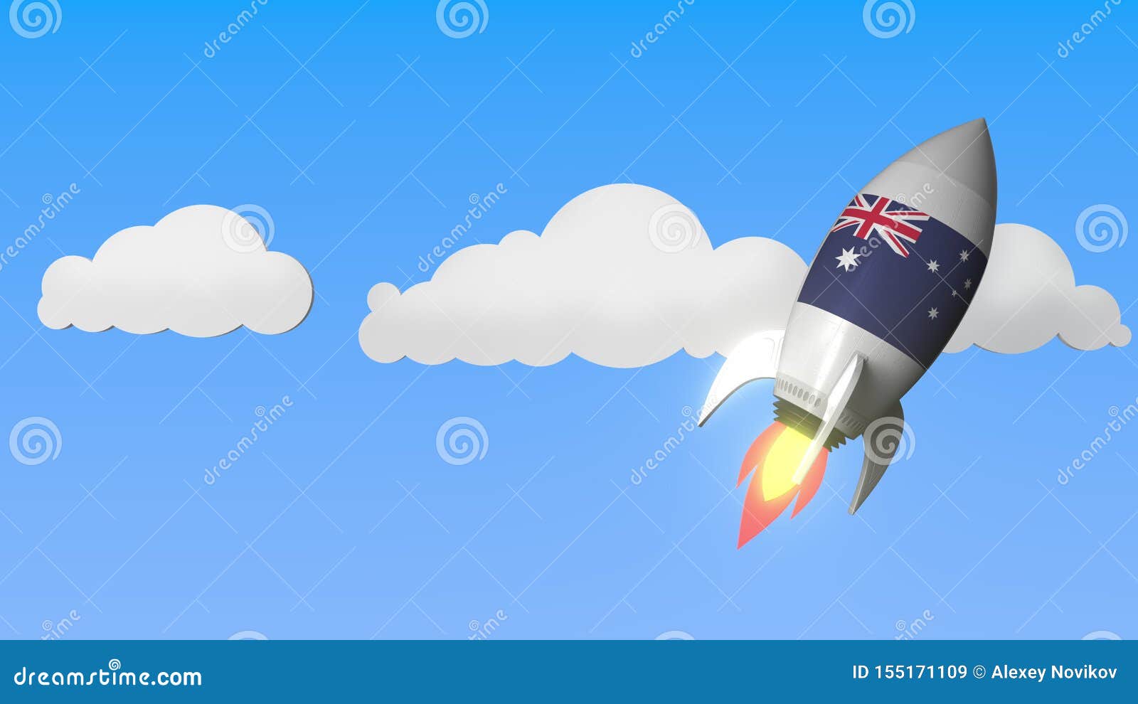 Flag of Australia on Rocket Flying High in the Sky. Australian Success ...