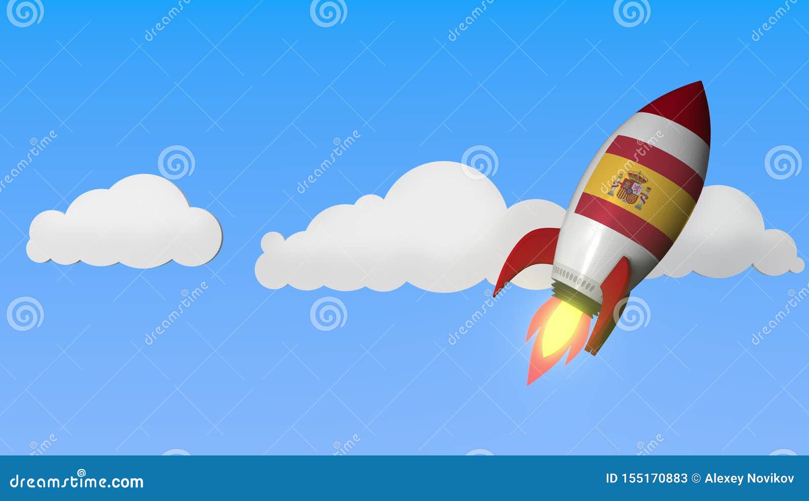 Rocket with Flag of Spain Flies in the Sky. Spanish Success or Space ...