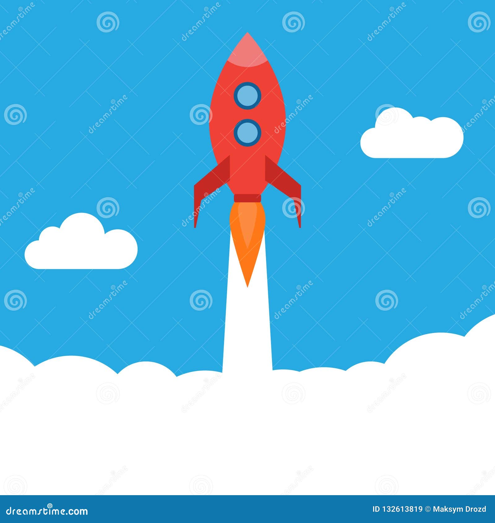 Rocket in Flat Style Illustration, Rocket Flying Over Cloud. Beautiful ...