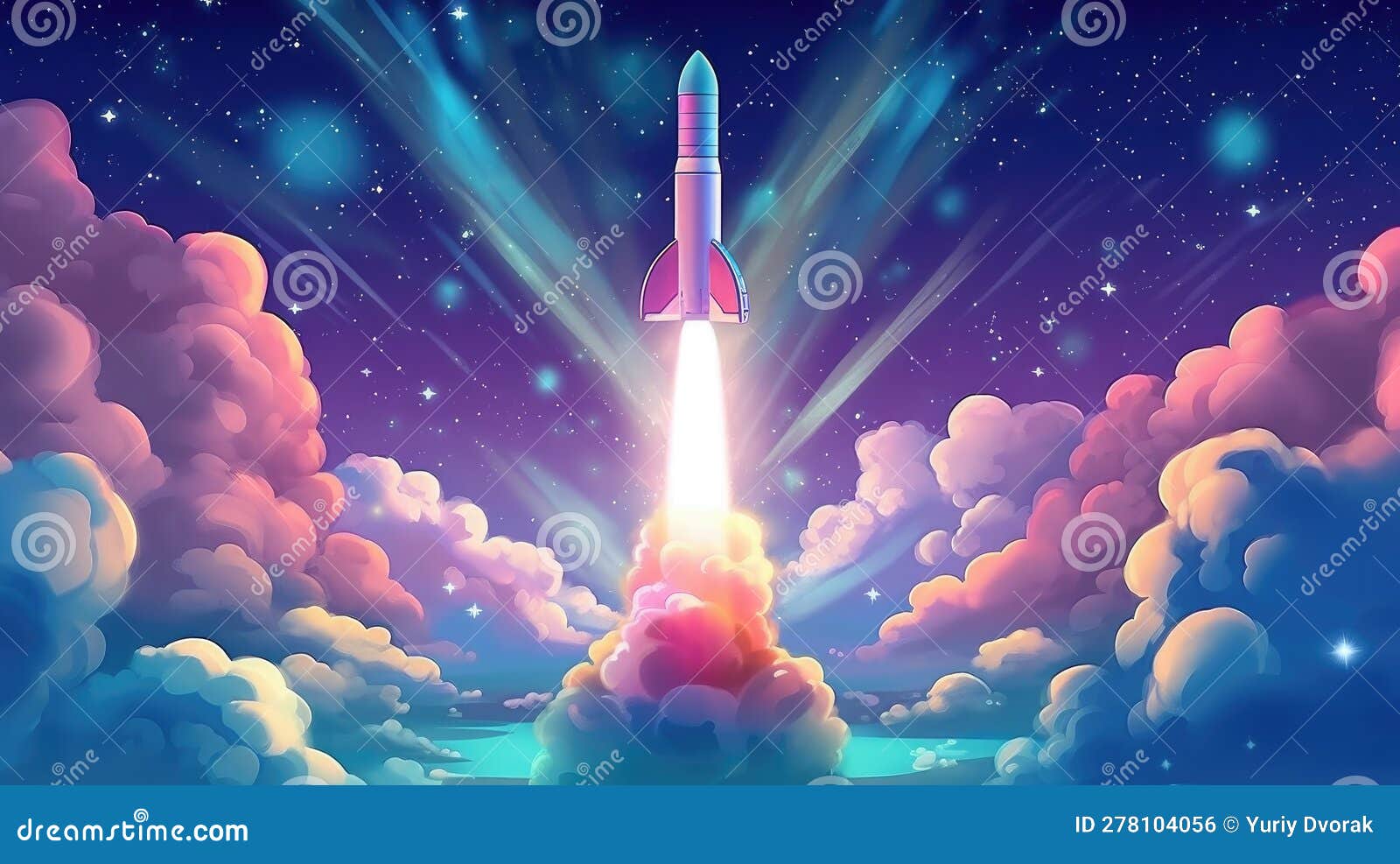 Rocket Flies through the Clouds on Moonlight Stock Illustration ...