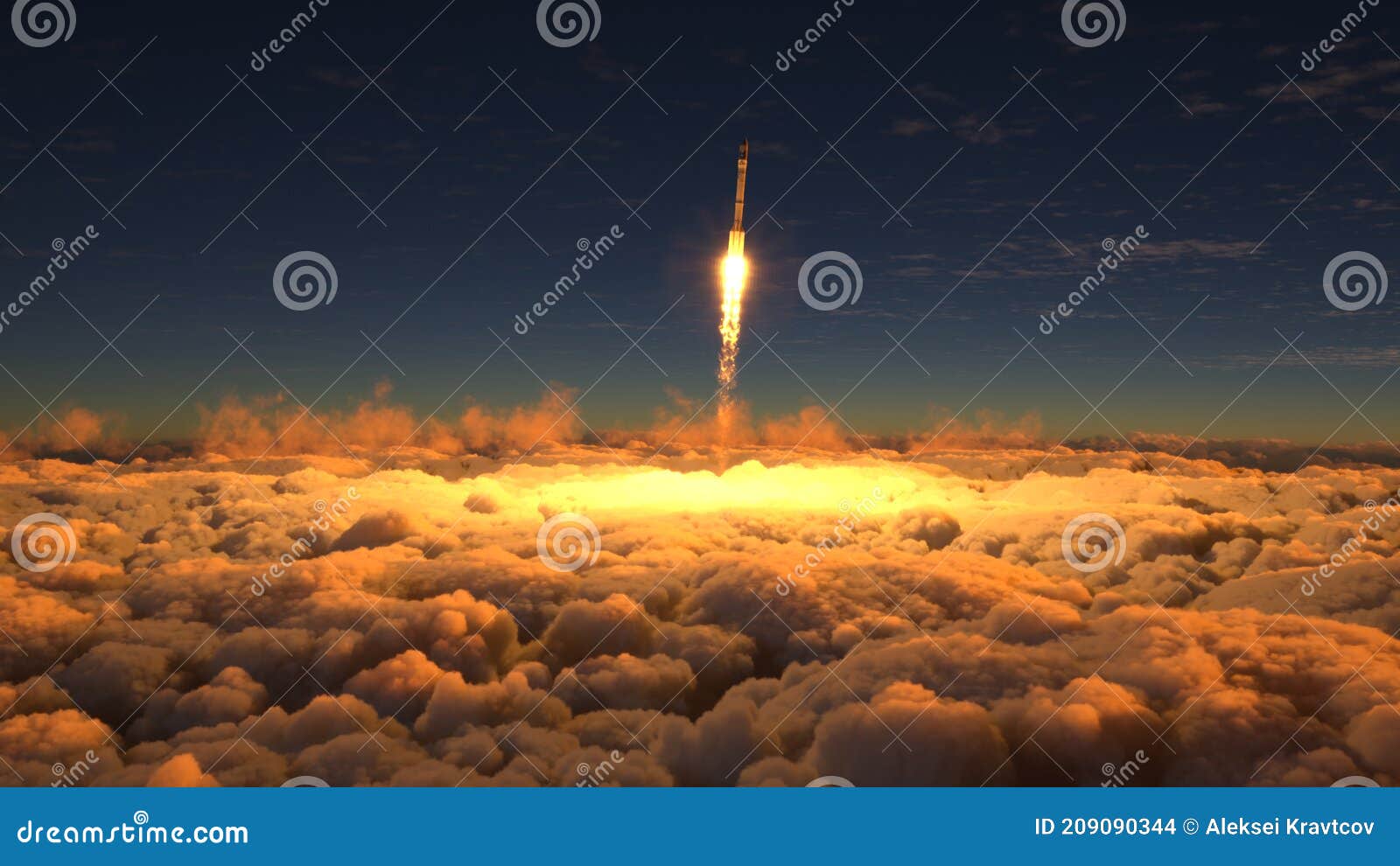 Rocket Flies through the Clouds at Sunset Stock Illustration ...