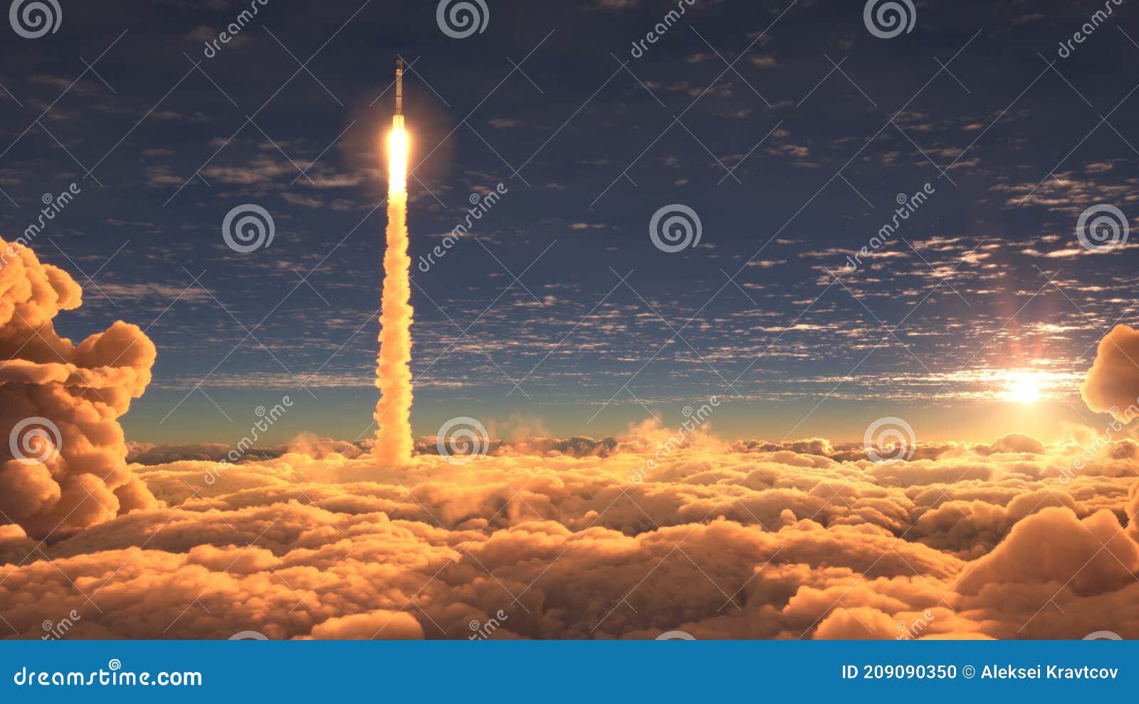 Rocket Flies through the Clouds at Sunset Stock Illustration ...