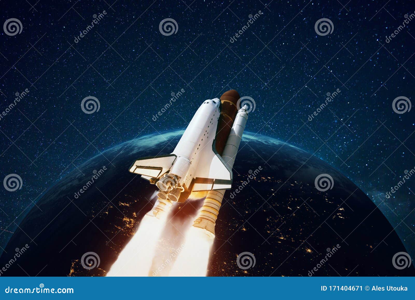 Rocket Flies in Open Space Against the Background of a Planet with ...