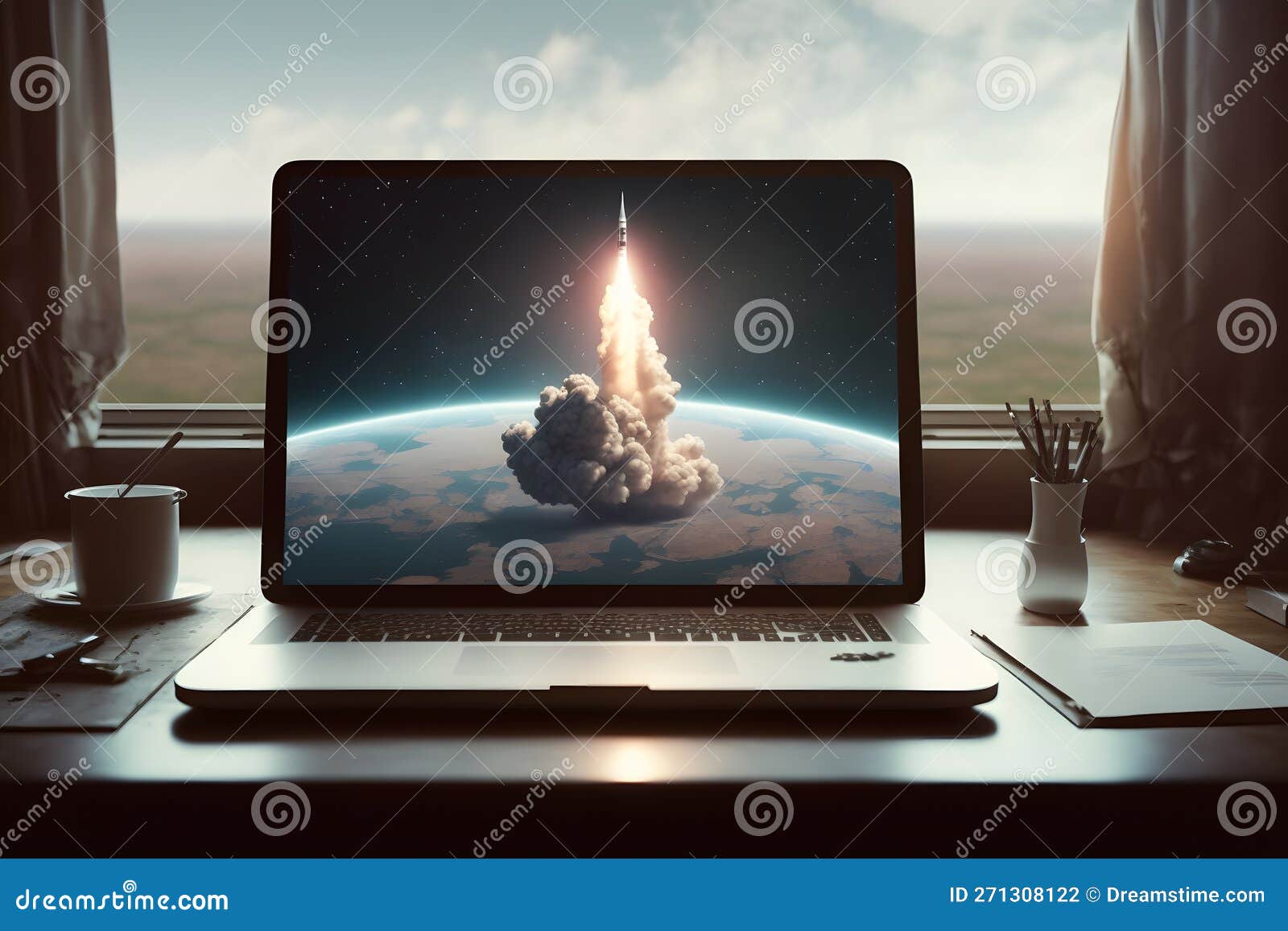 Rocket Flies Out of the Computer, High Speed Internet, Startup Concept ...