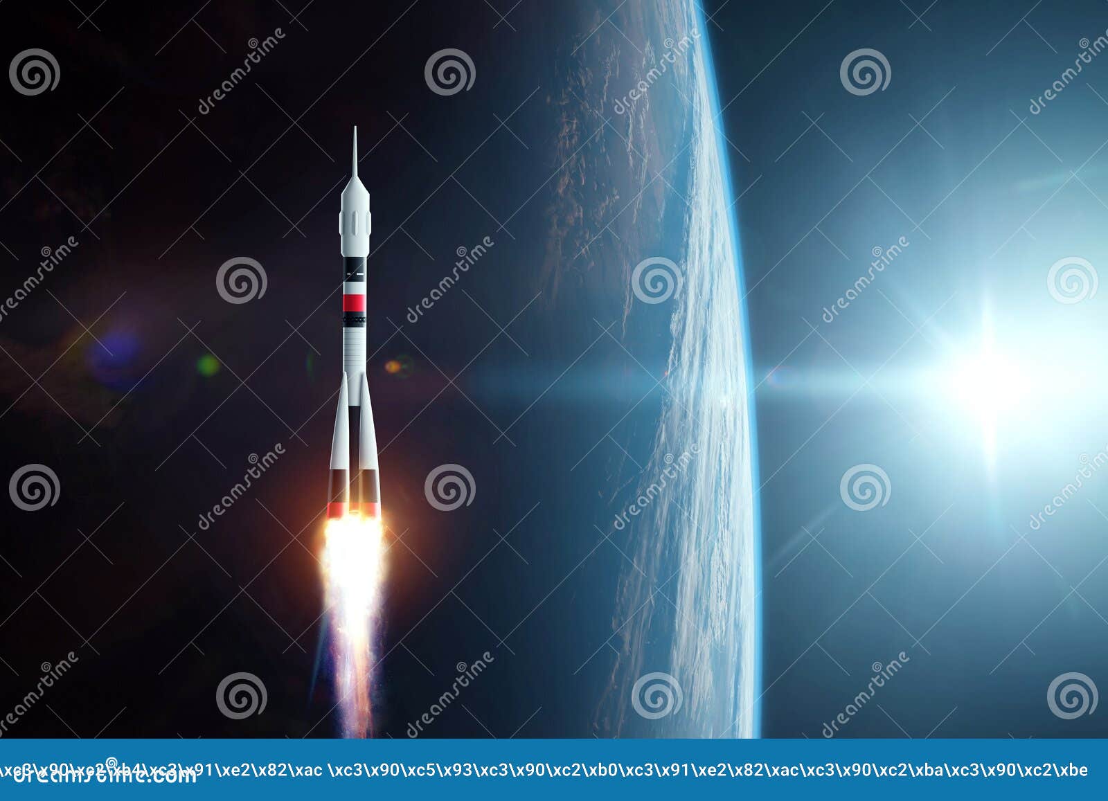 The Rocket Flies in Space Against the Backdrop of the Earth. the ...
