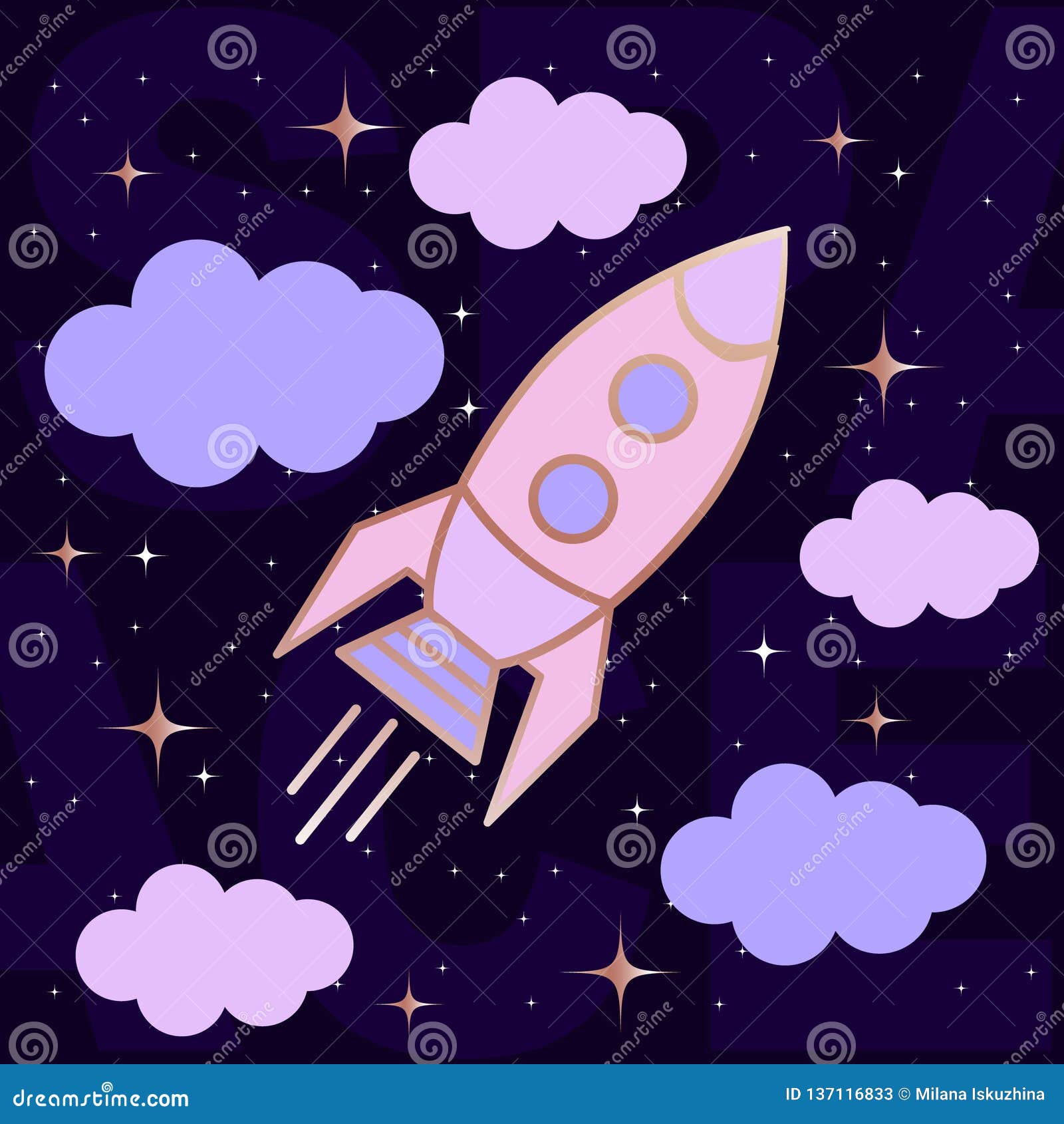 A Rocket in Flight and Clouds. Gold Lines with Pink Stock Vector ...