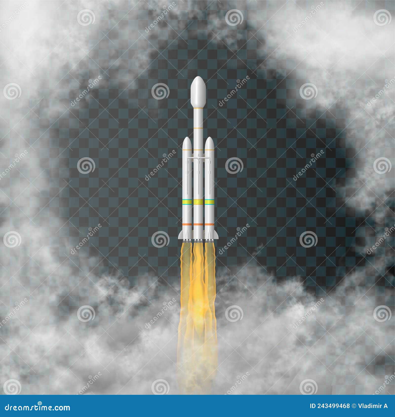 Rocket Flight Inside White Realistic Clouds. Vector Illustration ...