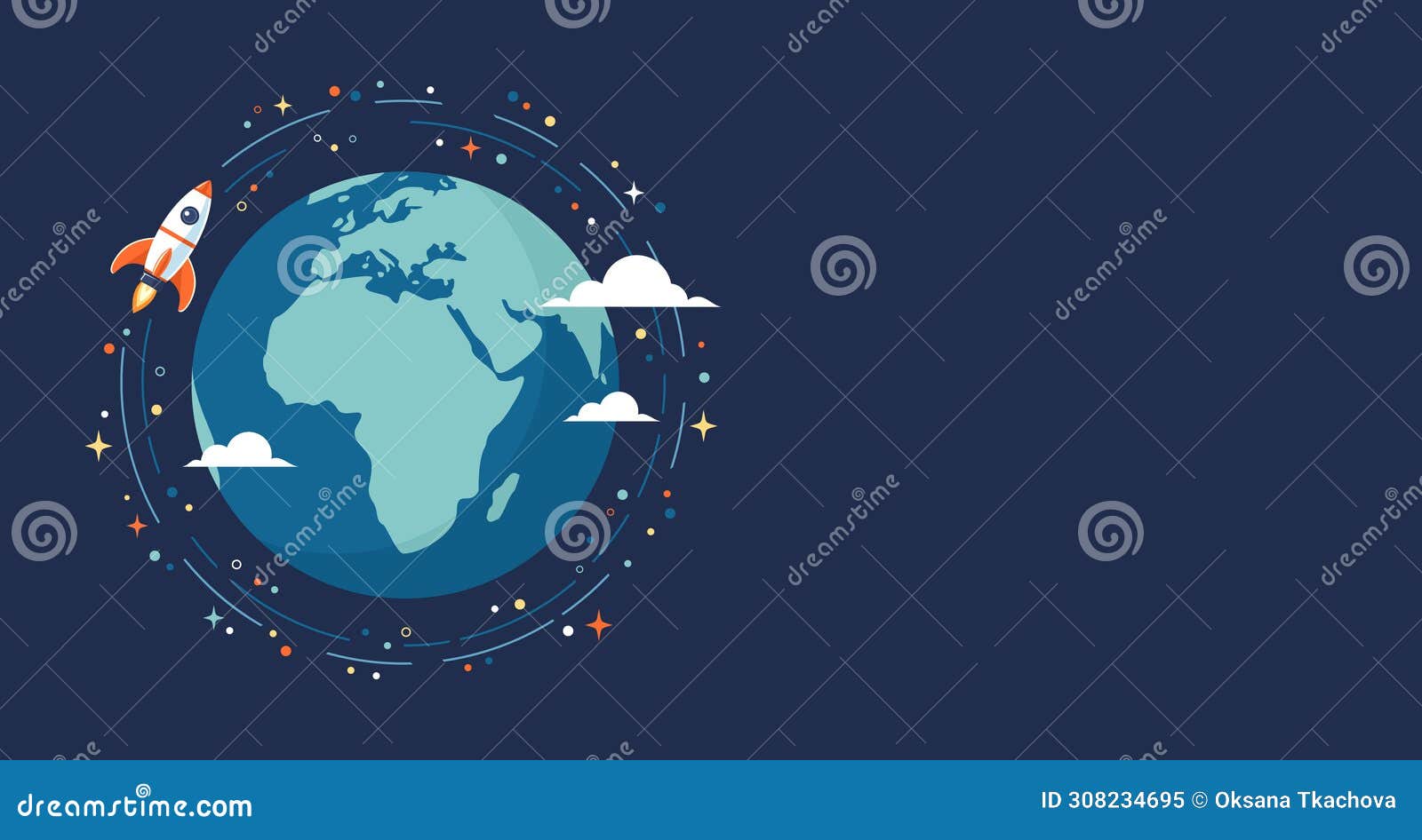 Rocket Flying Around Earth Globe in Space, Copy Space. Vector ...