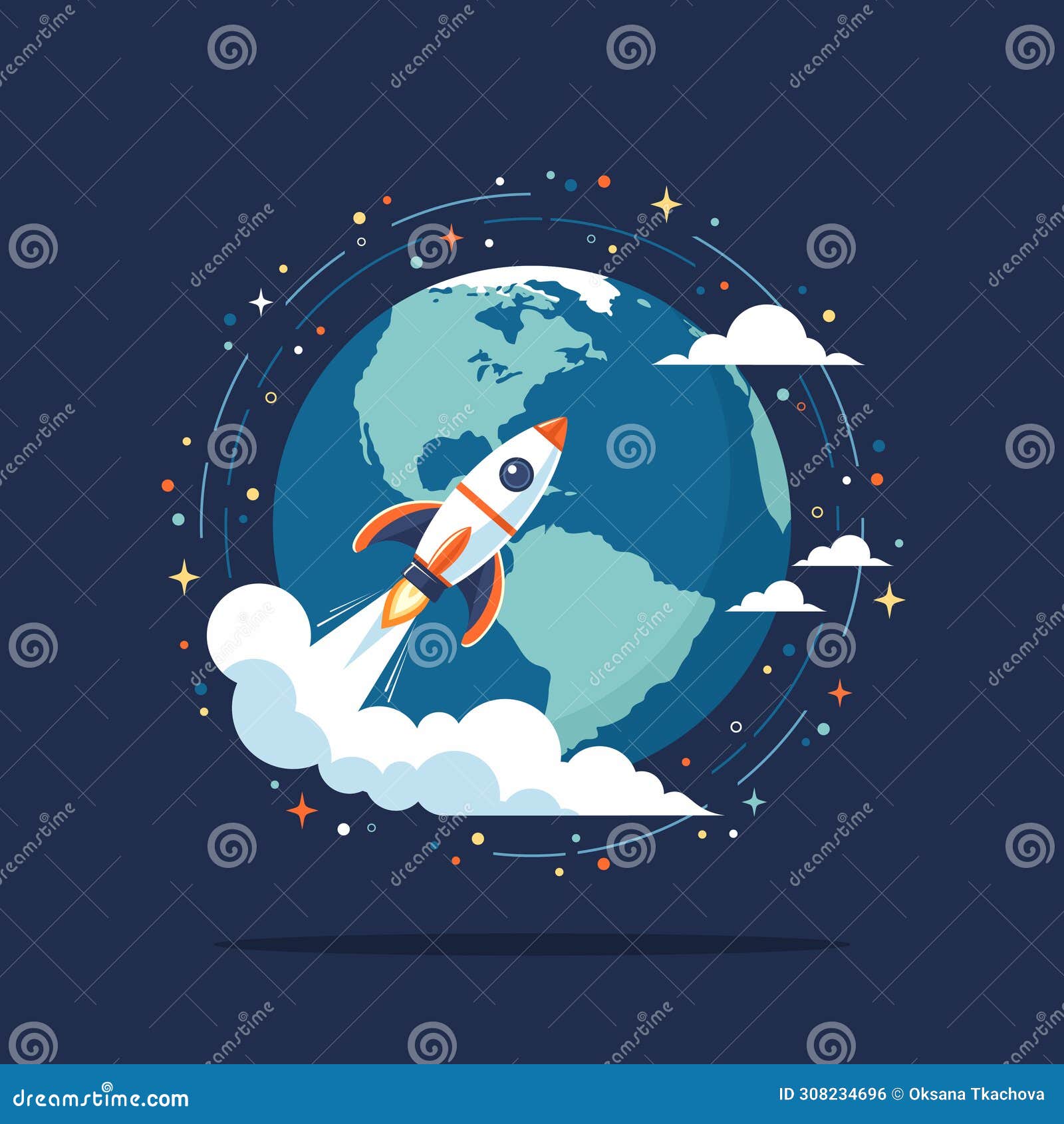 Rocket Flying Around Earth Globe in Space, Vector Illustration Stock ...