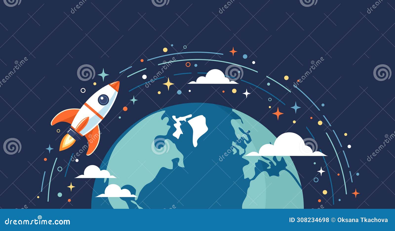 Rocket Flying Around Earth Planet in Space, Vector Illustration Stock ...