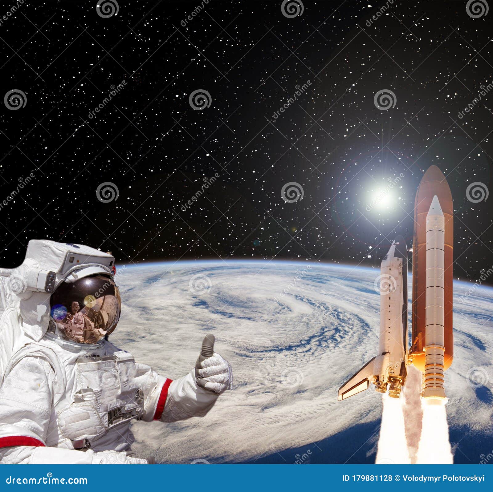 Rocket Flying from Earth and Astronaut in Outer Space. the Elements of ...