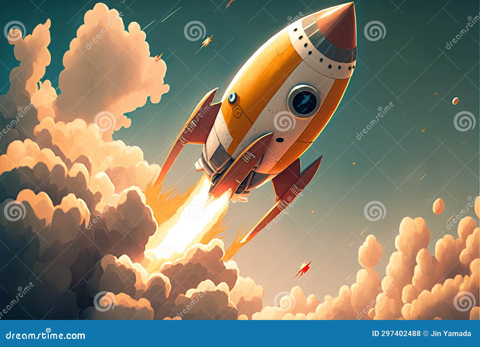 Rocket Flying High in the Sky. Vector Illustration of Space Exploration ...