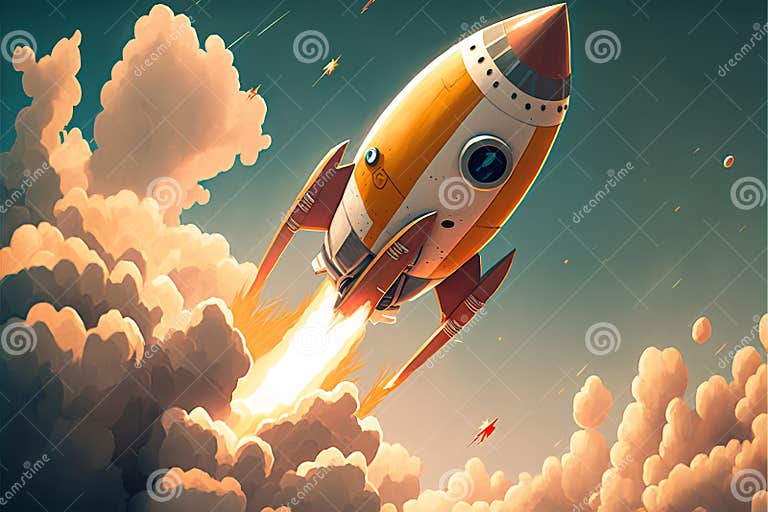 Rocket Flying High in the Sky. Vector Illustration of Space Exploration ...