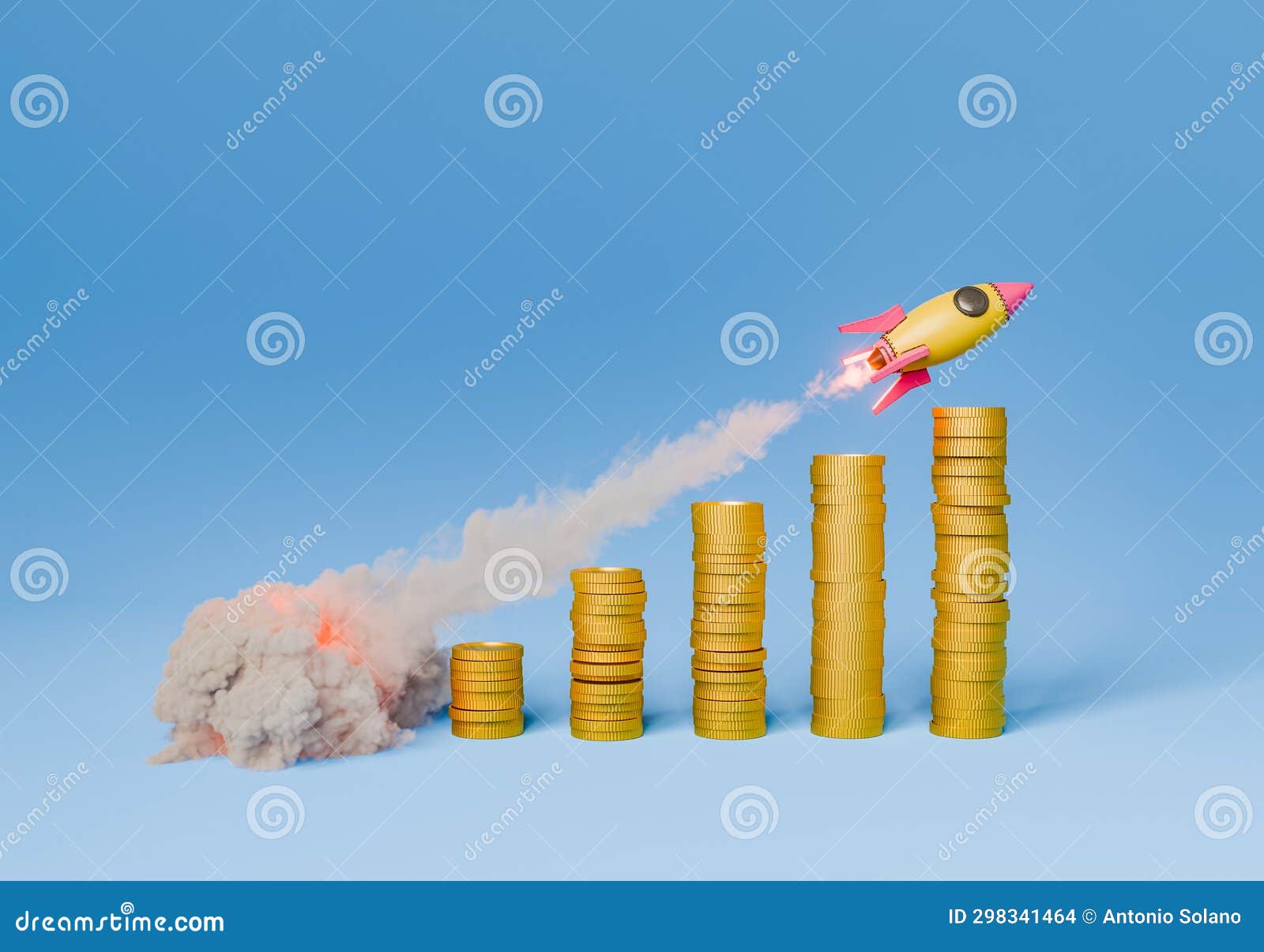 Rocket Flying Over the Stacks of Coins on Blue Background Stock ...