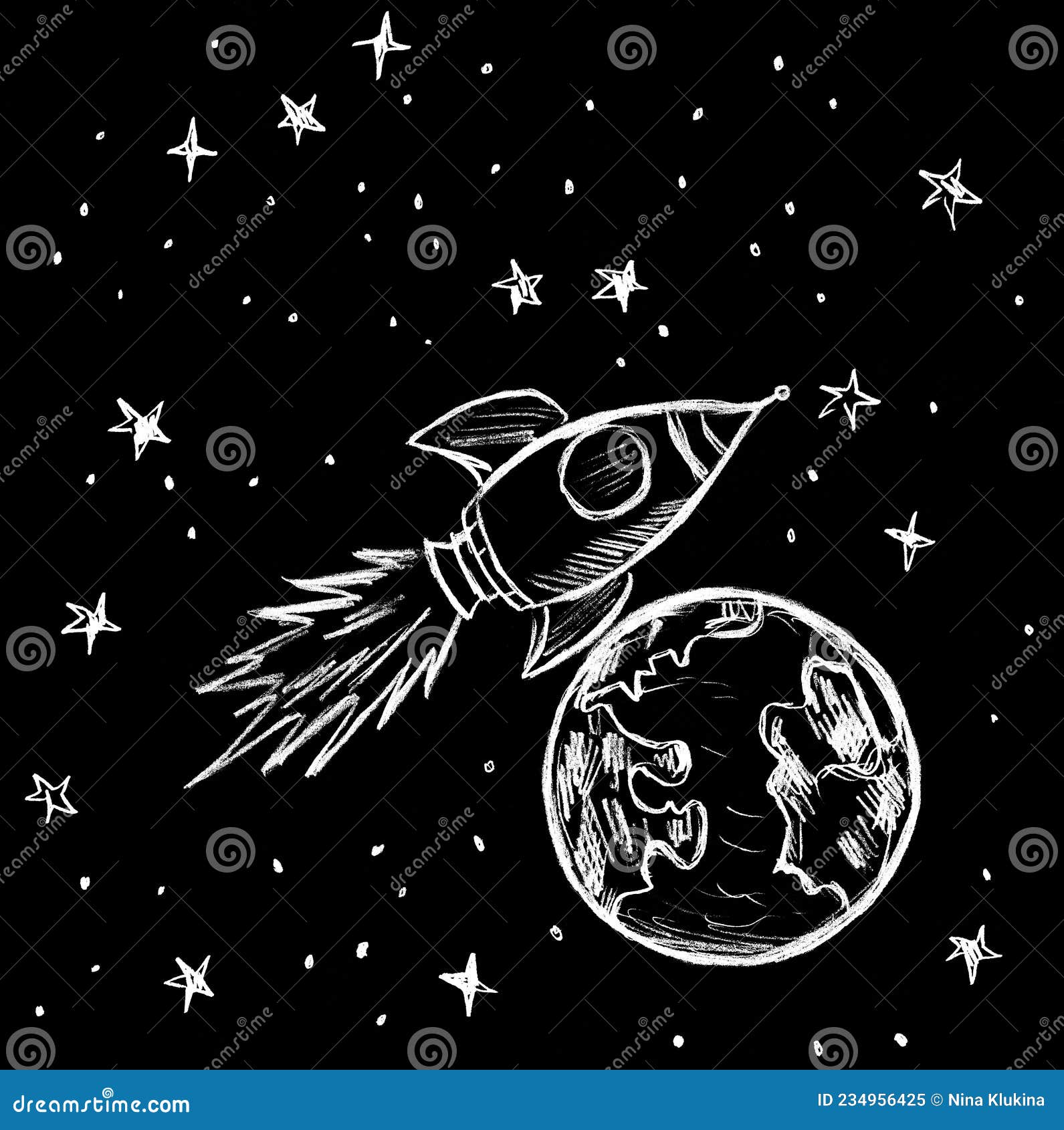 A Rocket Flying in Space is White on a Black Background Stock ...