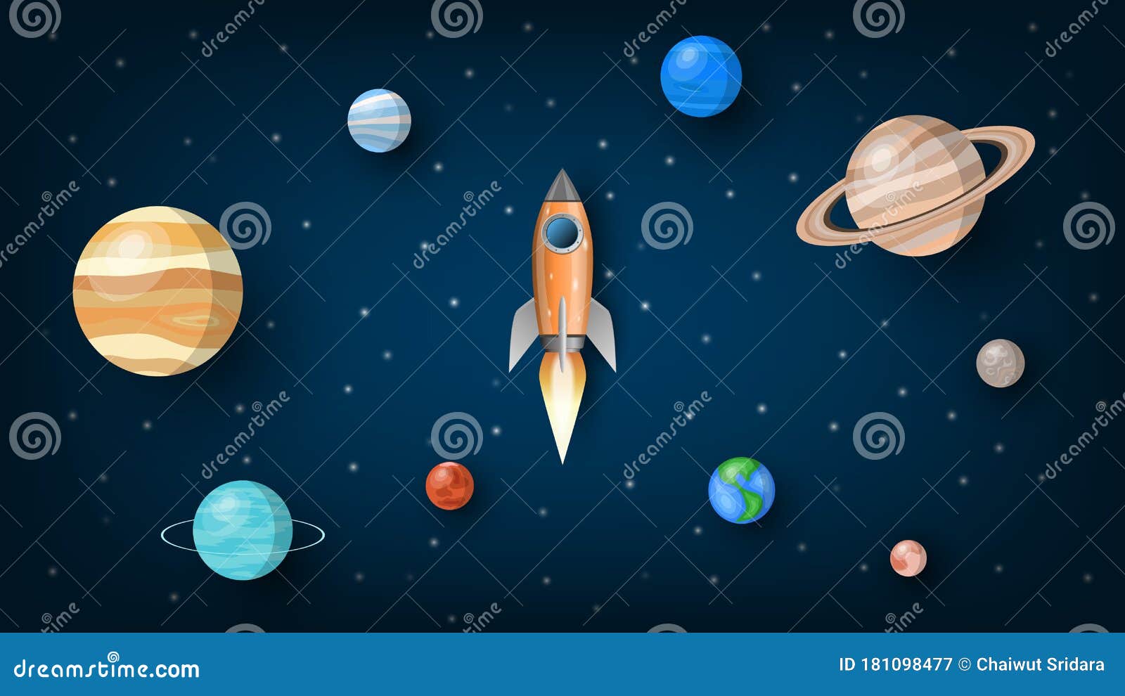 Rocket Flying into Ther Universe with Solar System Planets, Vector ...