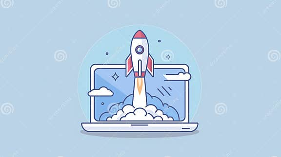 A Rocket Flying Up Against a Laptop on a Blue Background. the Concept ...