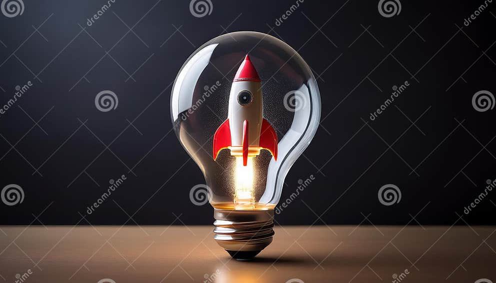Rocket Inside a Lightbulb on a Dark Background, Symbolizing Startup ...