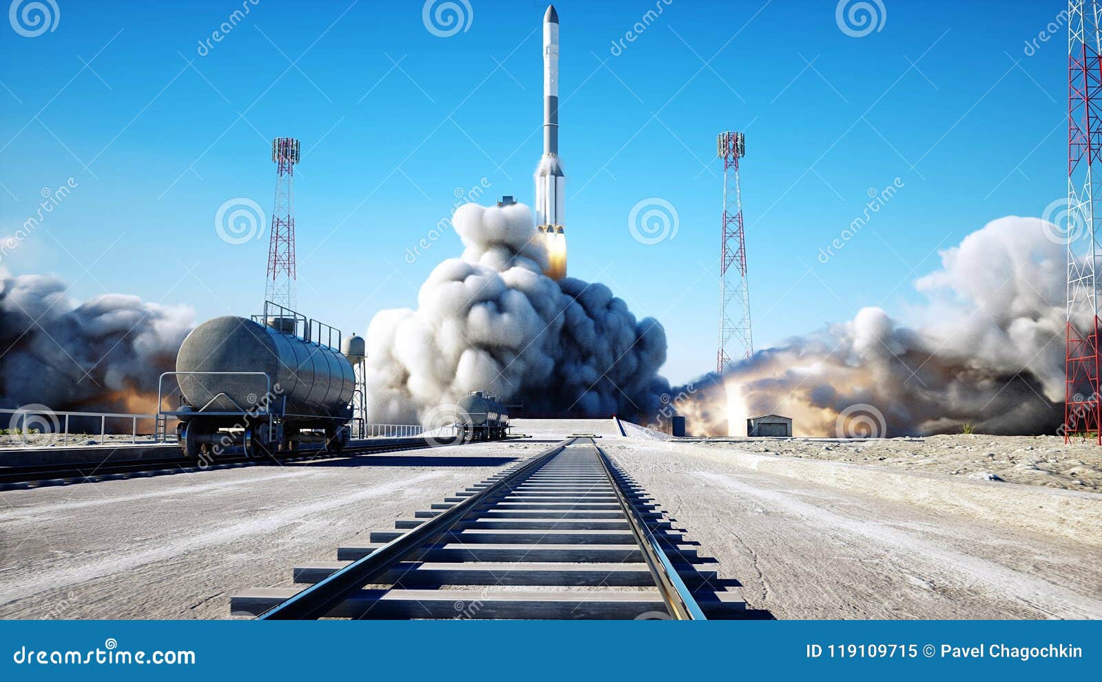 Rocket Launch Animation. Daylight. Space Launch System. 3d Rendering ...