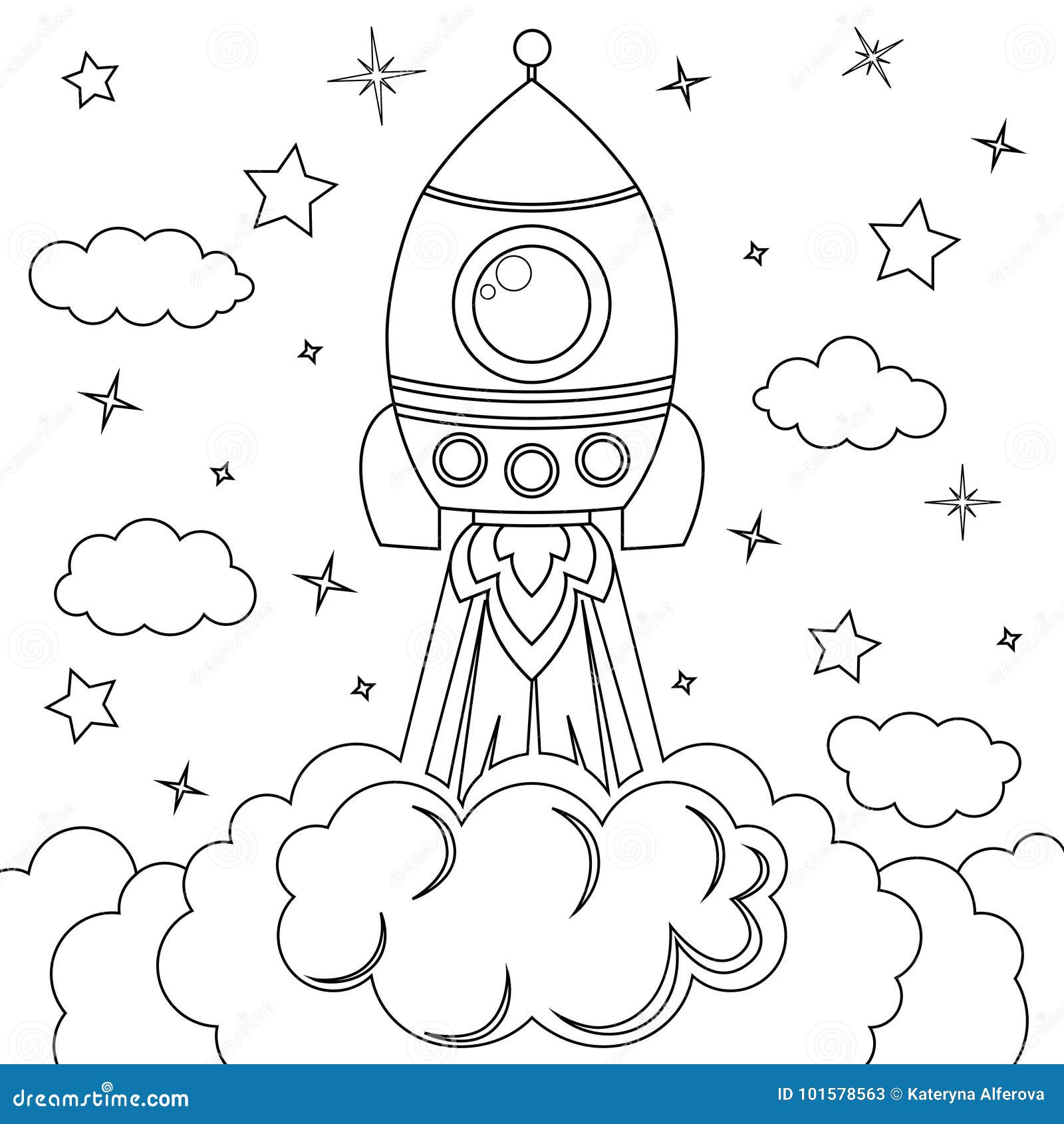 Rocket Launch. Black and White Vector Illustration for Coloring Book ... Rocket Launch. Black and White Vector Illustration for Coloring Book ...