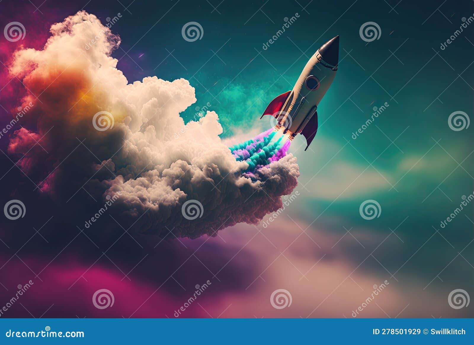 Rocket Launch in the Clouds and Flames. Space Ship Taking Off, Starting ...