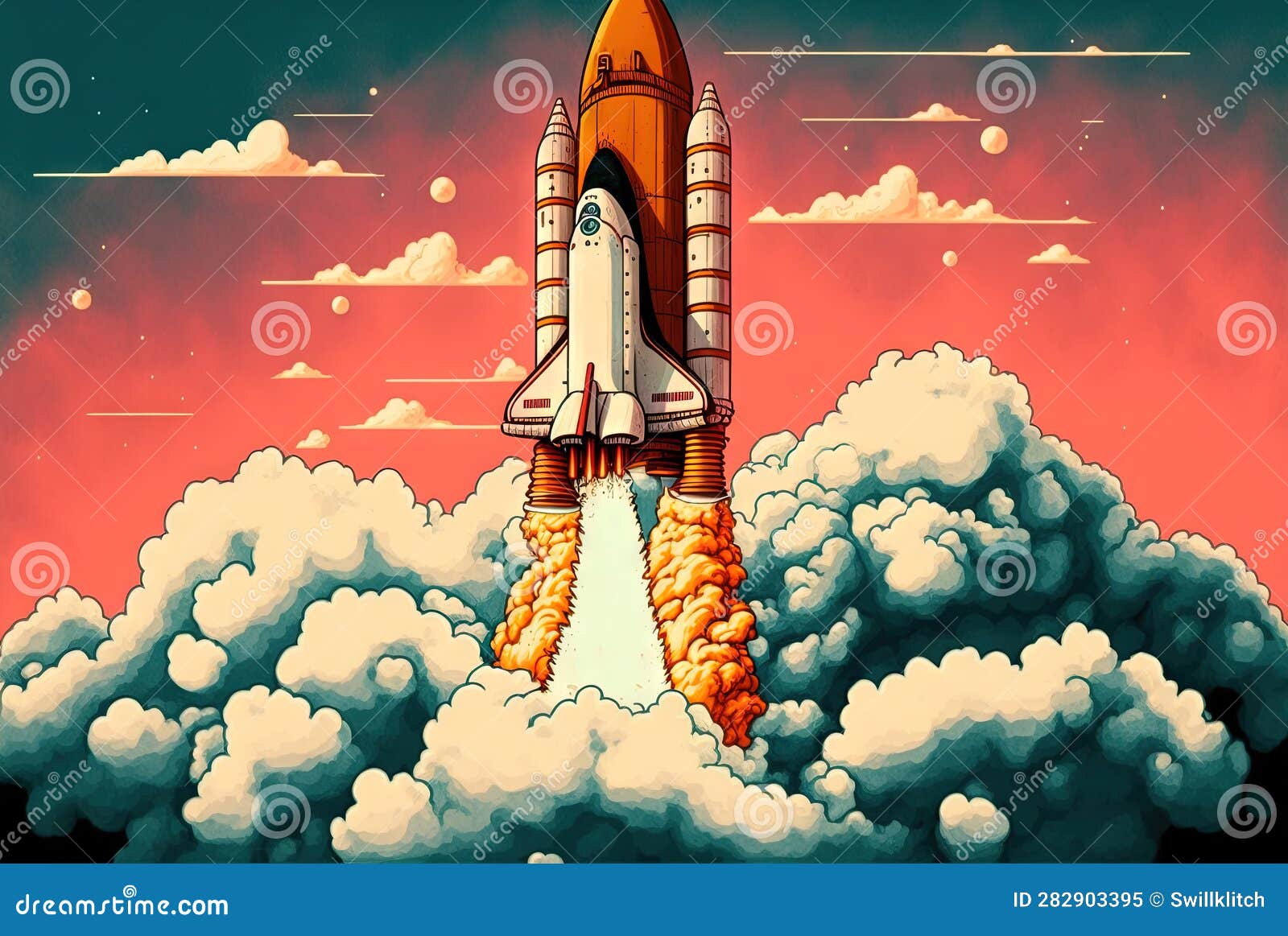 Rocket Launch in the Clouds and Flames. Space Ship Taking Off, Starting ...