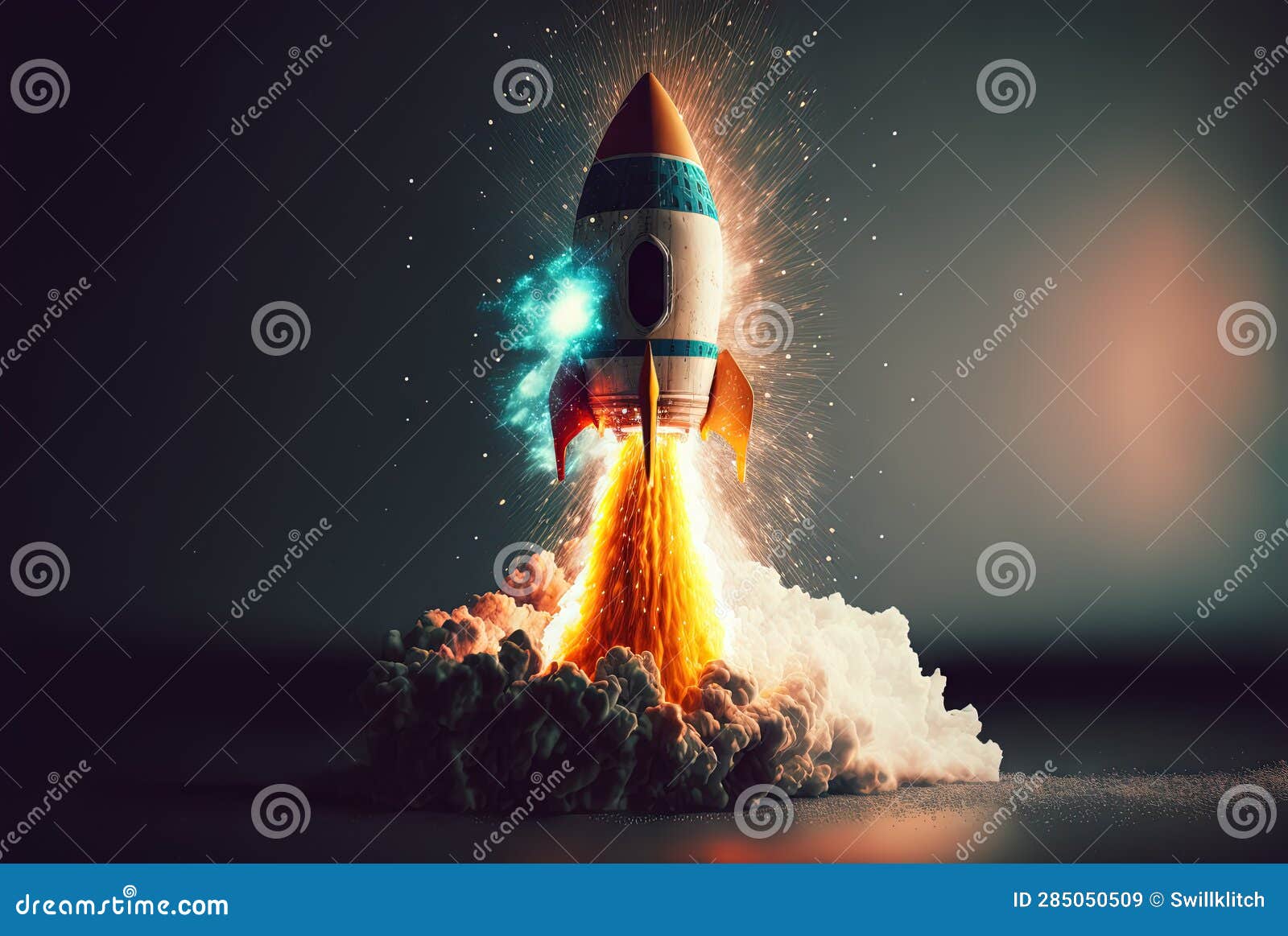 Rocket Launch in the Clouds and Flames. Space Ship Taking Off, Starting ...