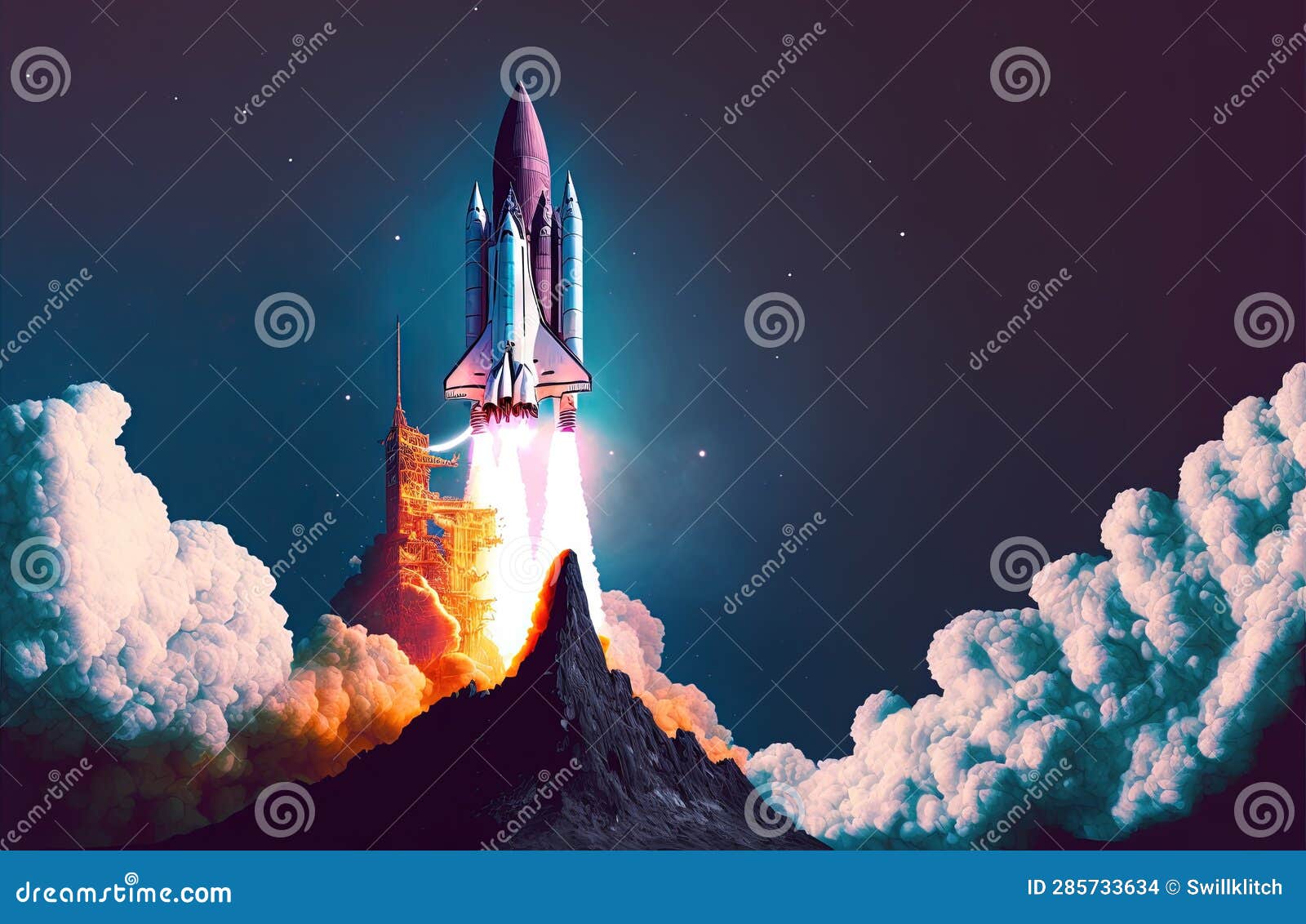 Rocket Launch in the Clouds and Flames. Space Ship Taking Off, Starting ...