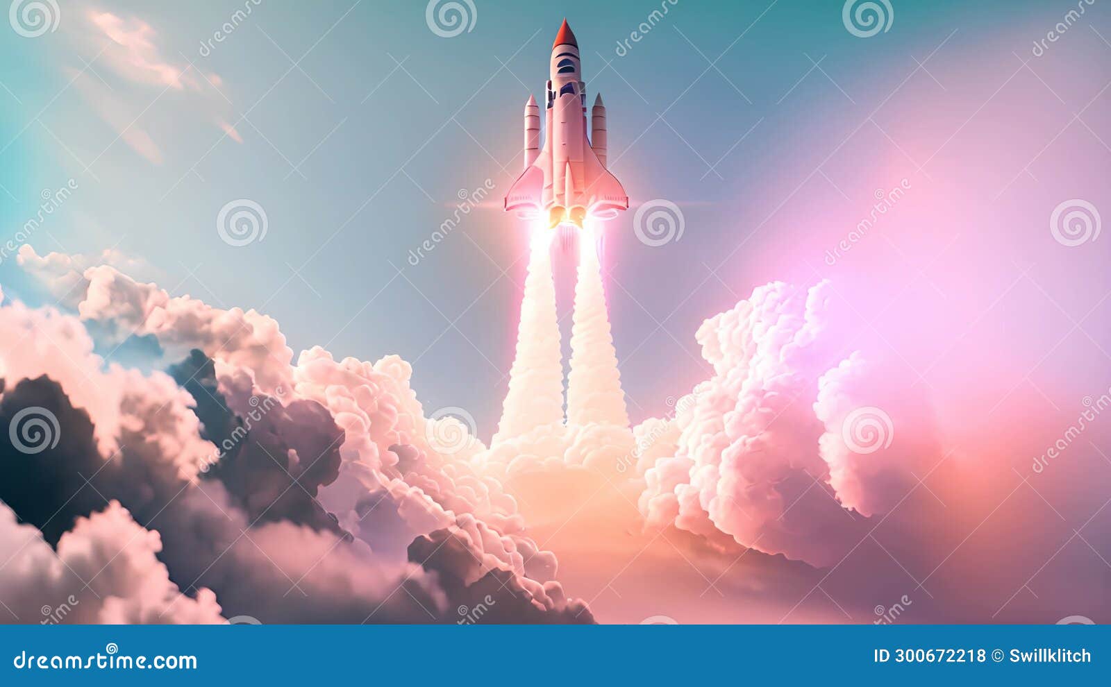 Rocket Launch in the Clouds and Flames. Space Ship Taking Off, Starting ...