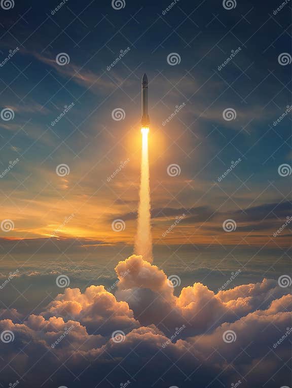 A Rocket Launch through the Clouds at Sunset Symbolizing Ambition ...