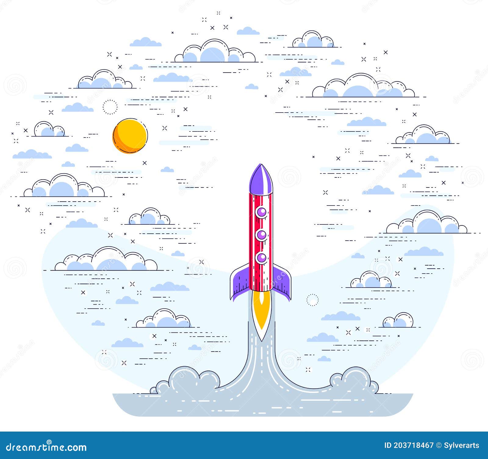 Rocket Launch into Cloudy Beautiful Sky. Explore Universe Space ...