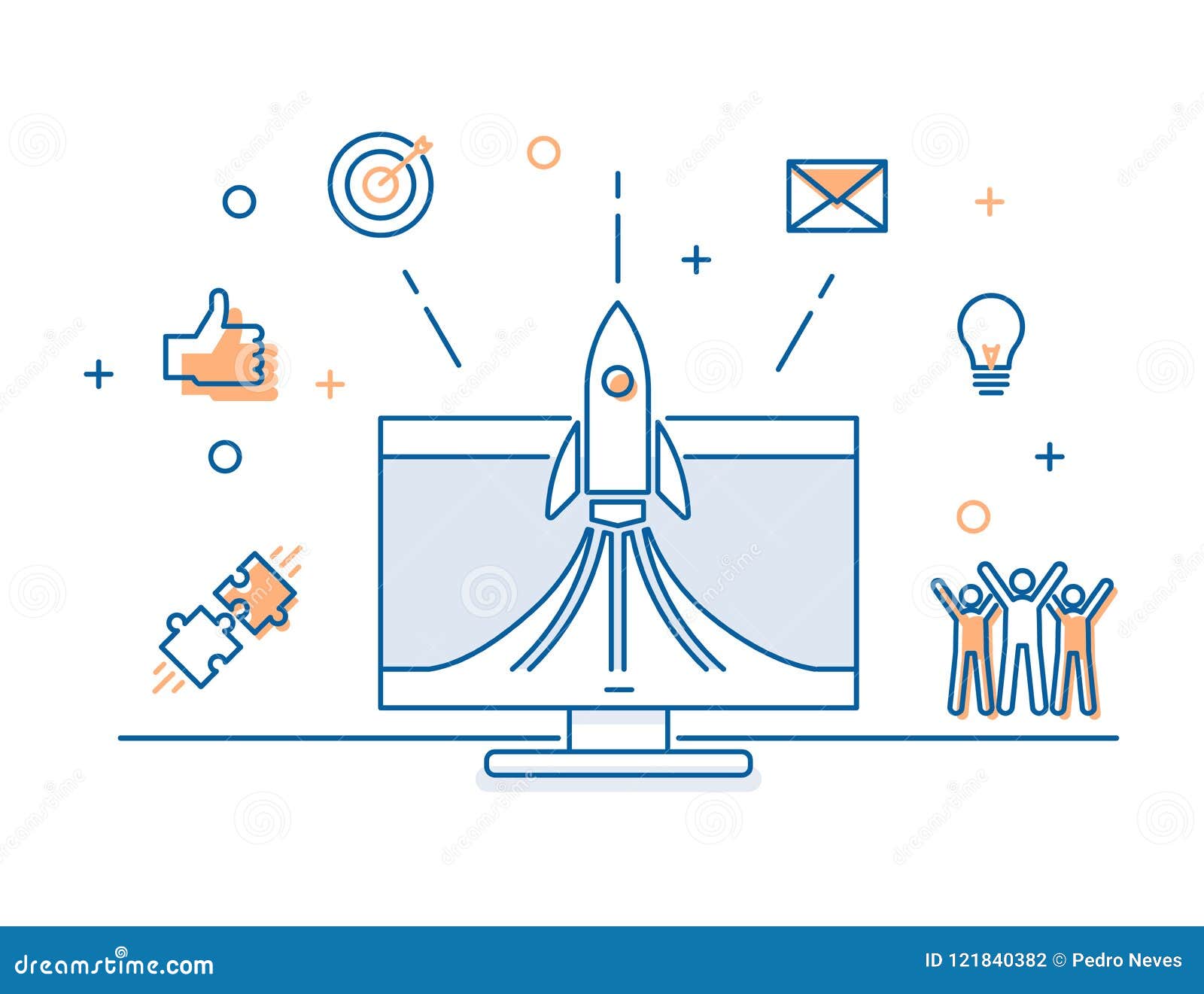 Rocket Launch on a Computer Screen with Business Icons Banner. Vector ...