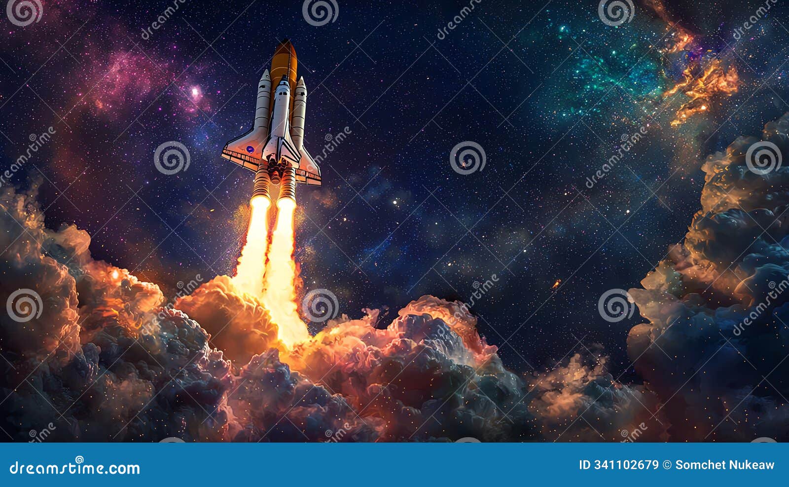 Rocket Launch in a Cosmic Space with Vibrant Colors, Digital Art Stock ...