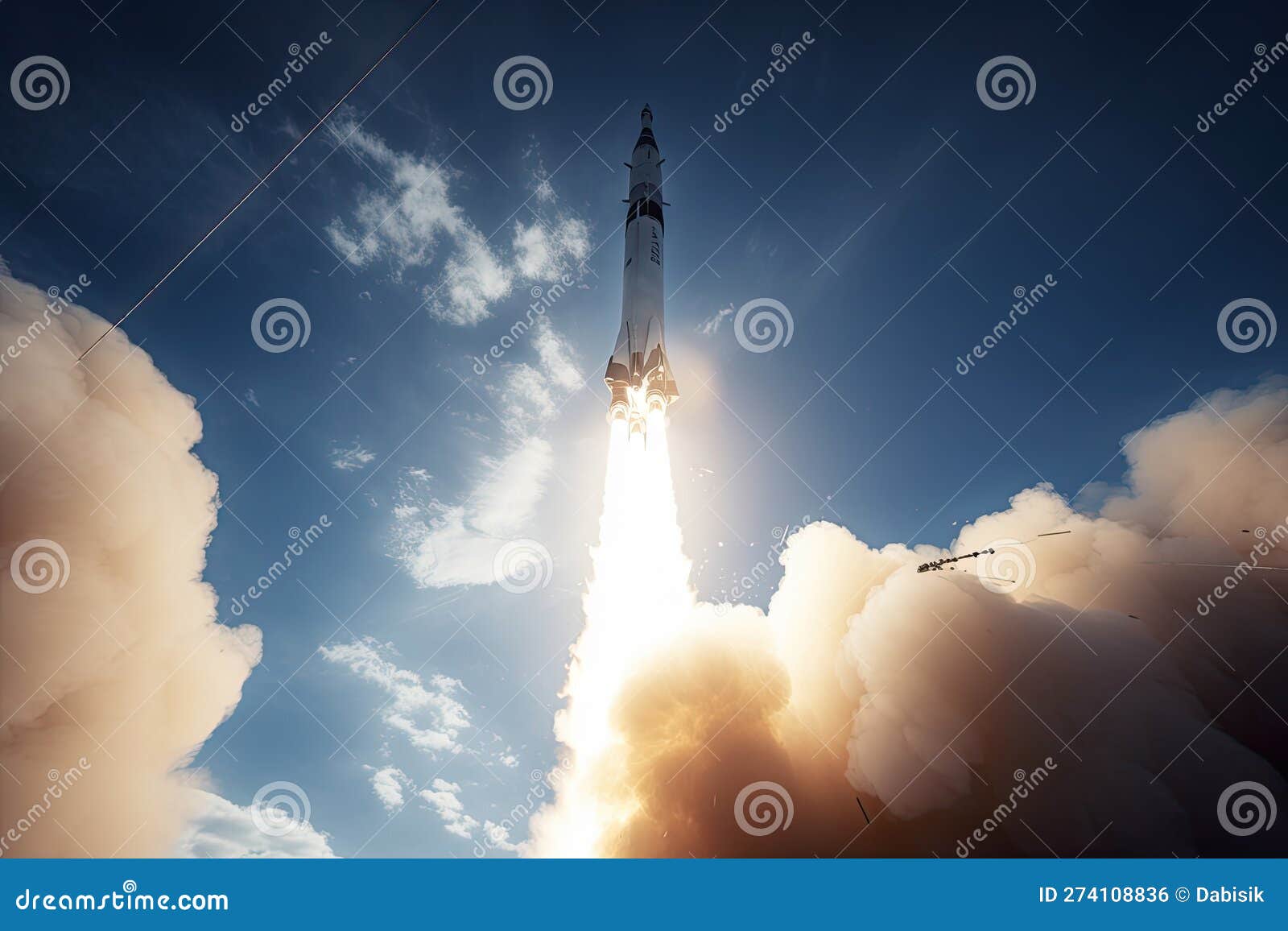 Rocket Launch From Cosmodrome Fight Of Space Rocket In Blue Sky Space