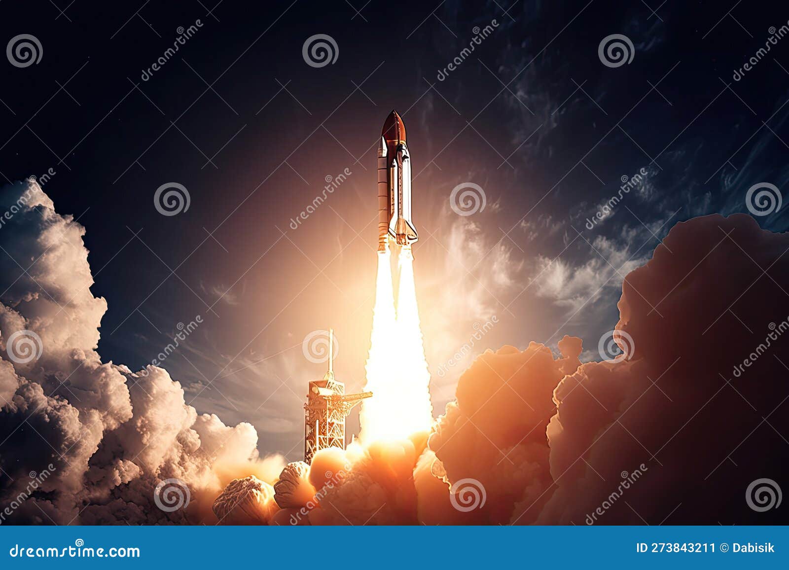 Rocket Launch from Cosmodrome. Fight of Space Rocket in Blue Sky. Space ...